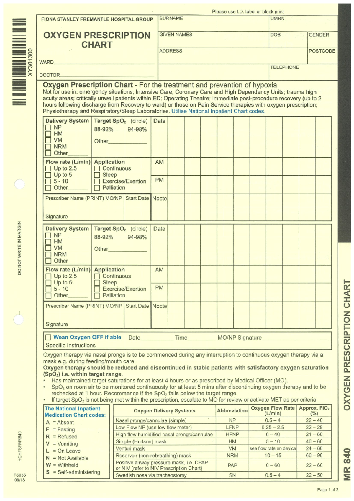 Oxygen Prescription Chart MR840: Guidelines and Usage - Studocu