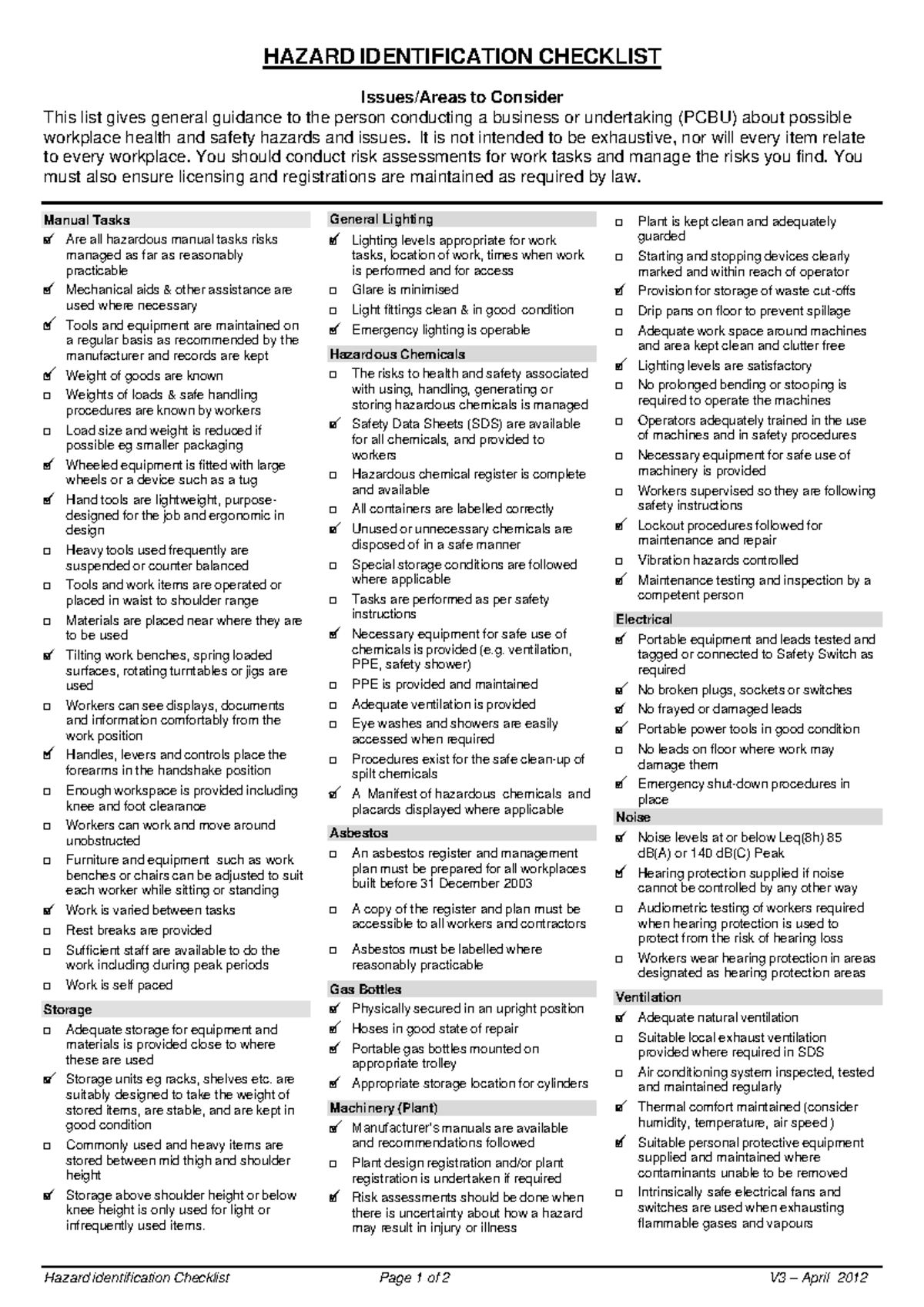 HAZARD IDENTIFICATION CHECKLIST (AU) for Workplace Safety - Studocu