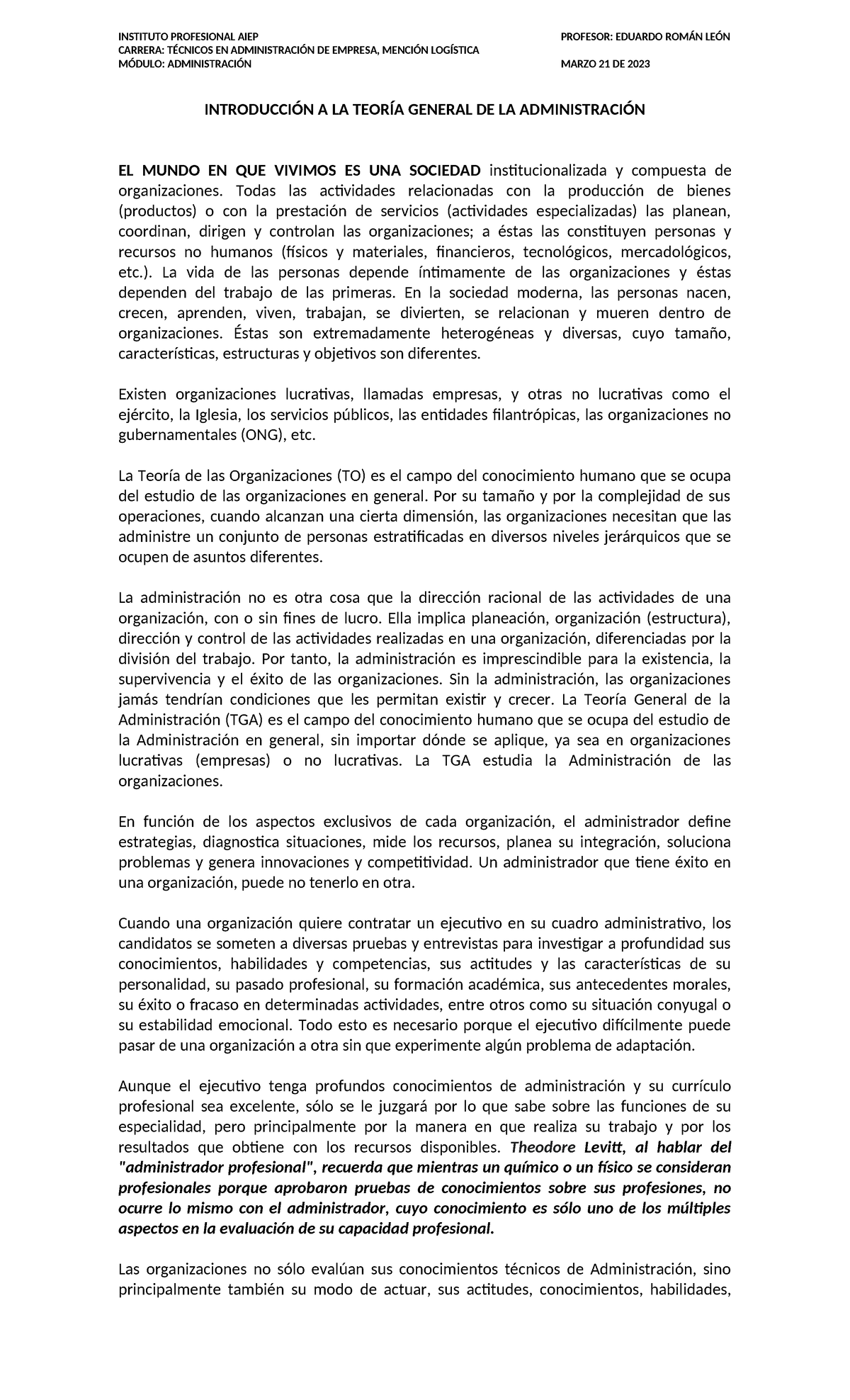 Introducción a la Teoría General de la Administración - TGA - Studocu