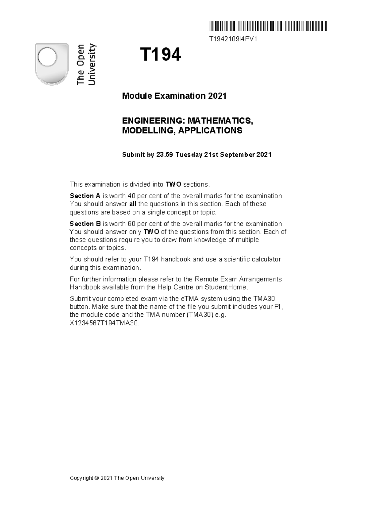 T194 Module Exam - Engineering Mathematics, Modelling & Applications ...