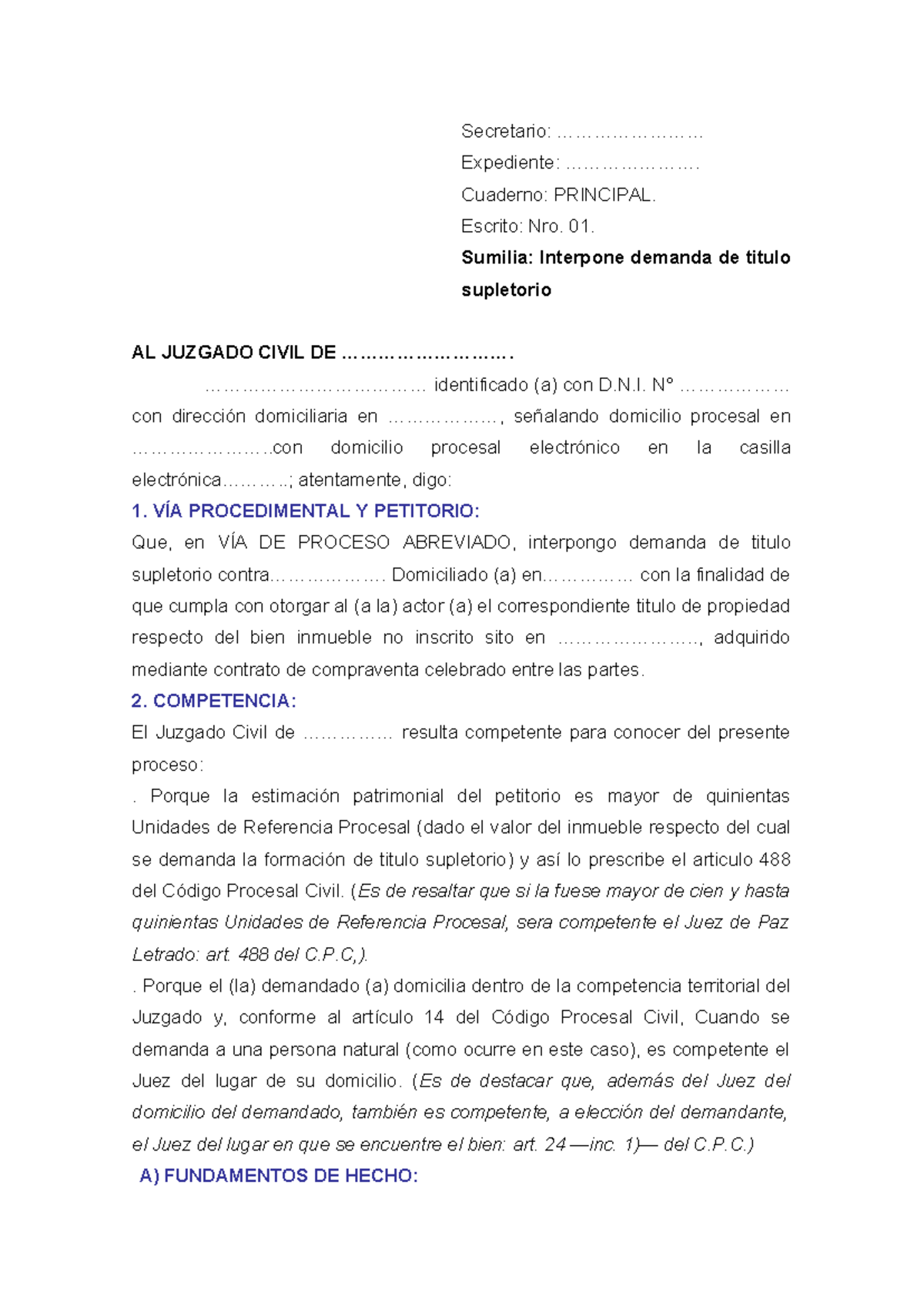 Demanda de Título Supletorio en Proceso Civil - Exp. Nro. 01 - Studocu