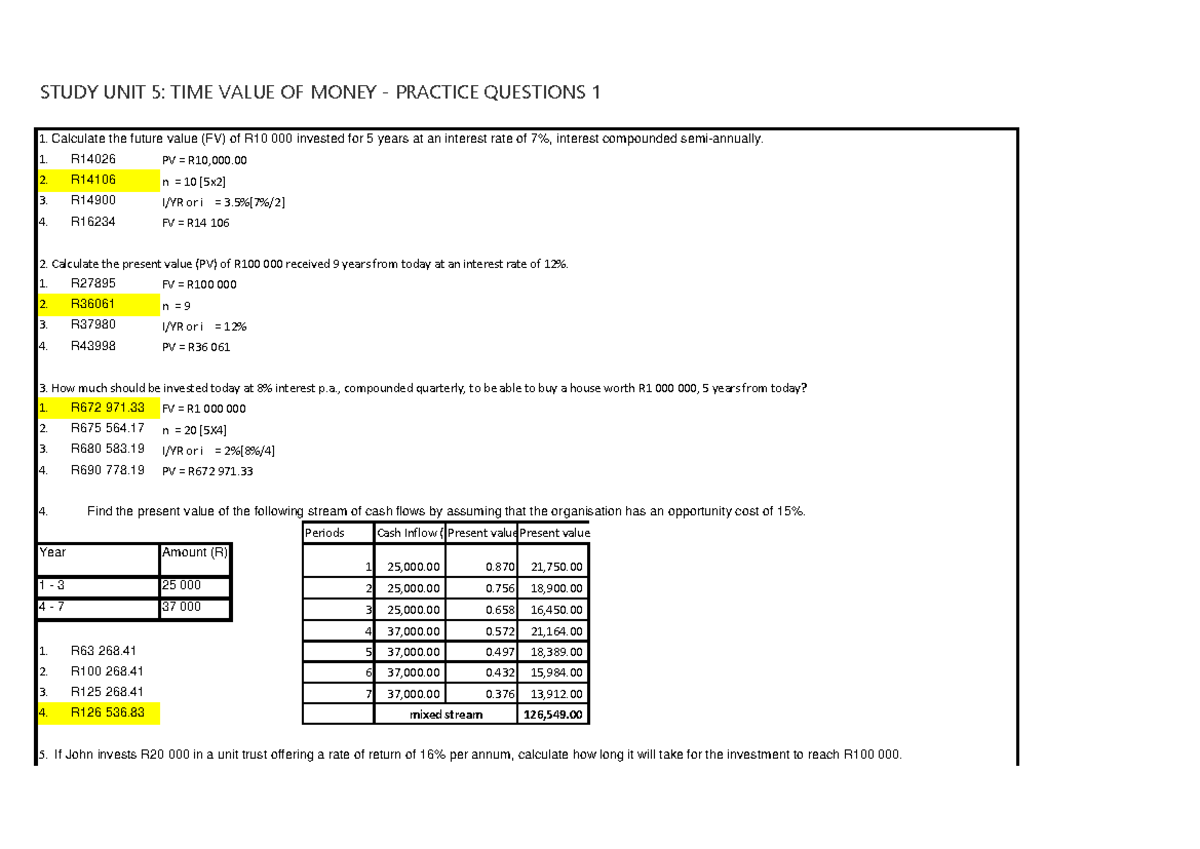 Study UNIT 5 - Time Value of Money - Practice Questions Solutions - Studocu