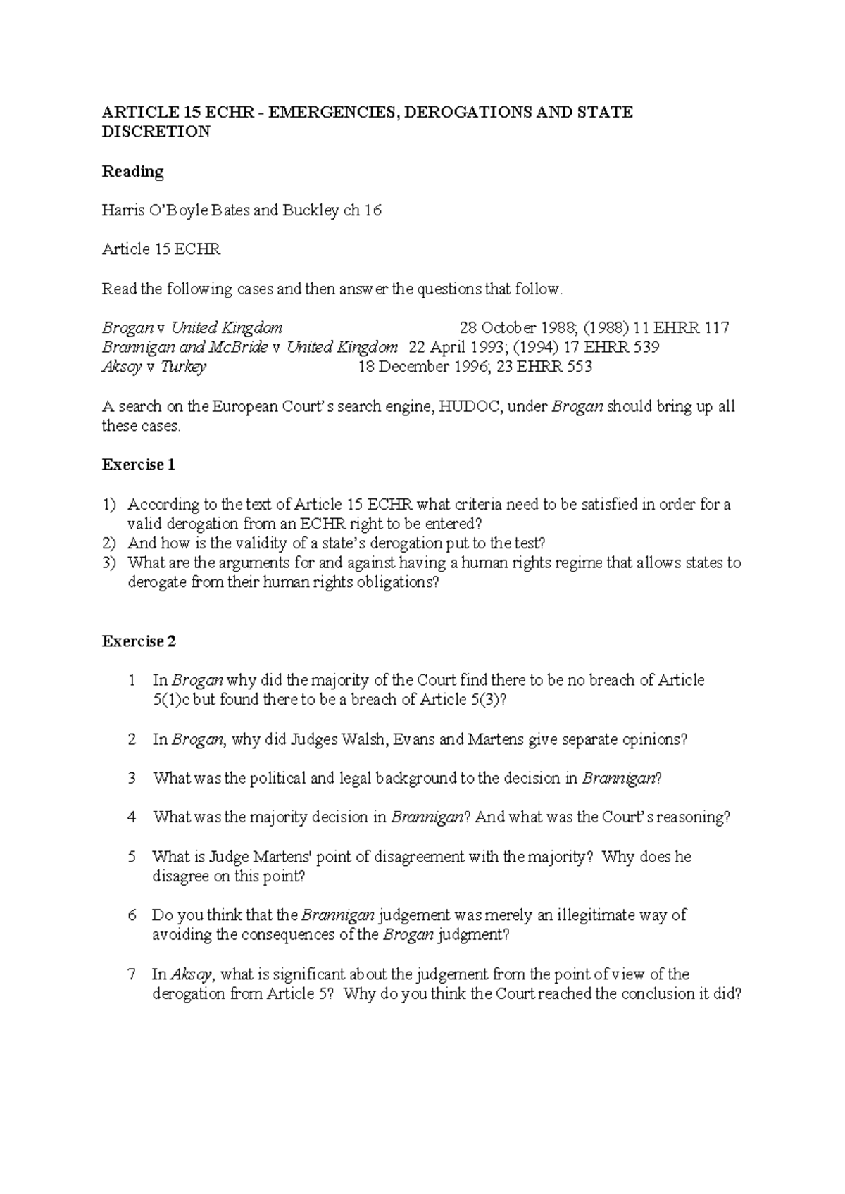 Human Rights Seminar 21: Article 15 ECHR - Derogations & Emergencies ...