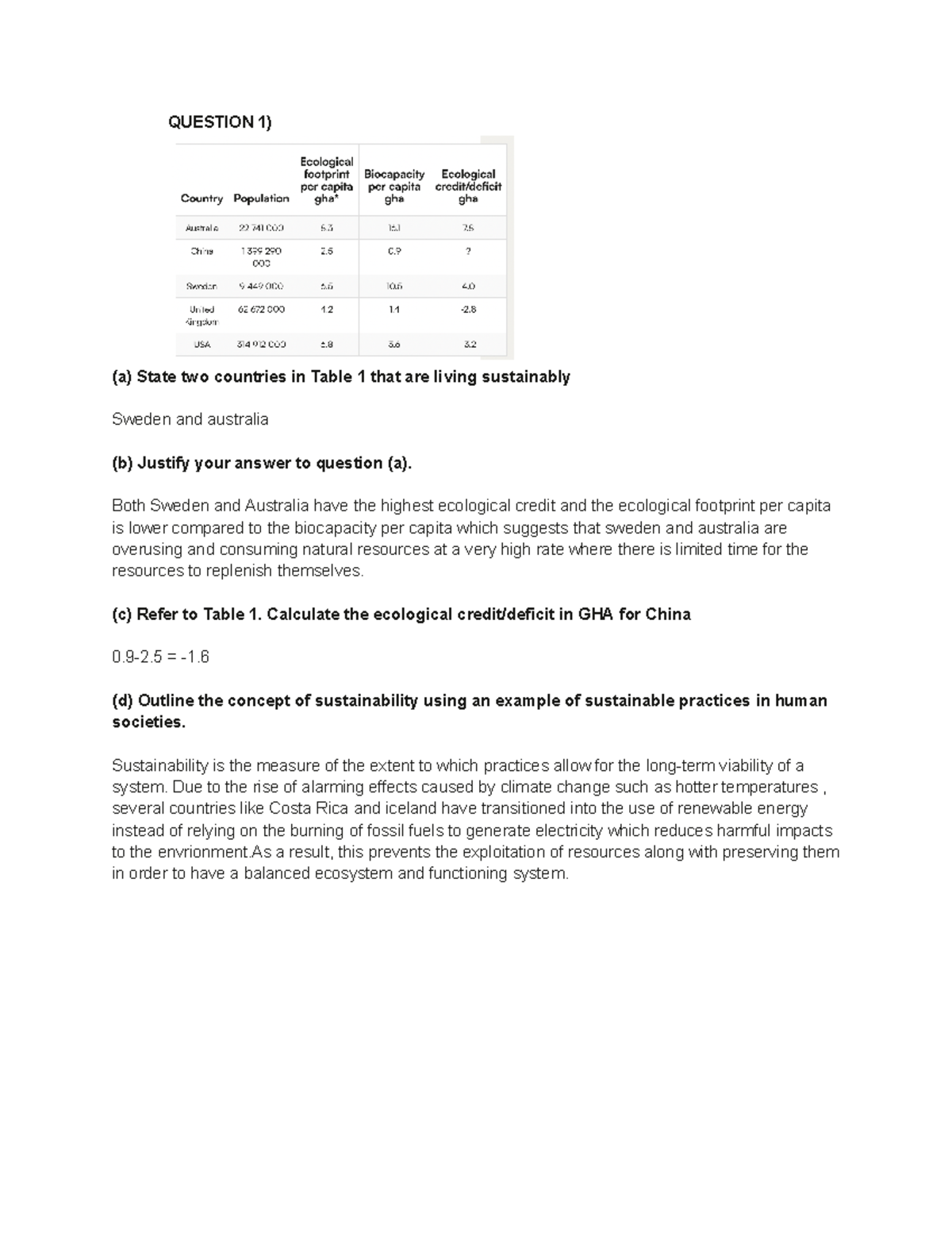 ESS examw style questions - QUESTION 1) (a) State two countries in ...