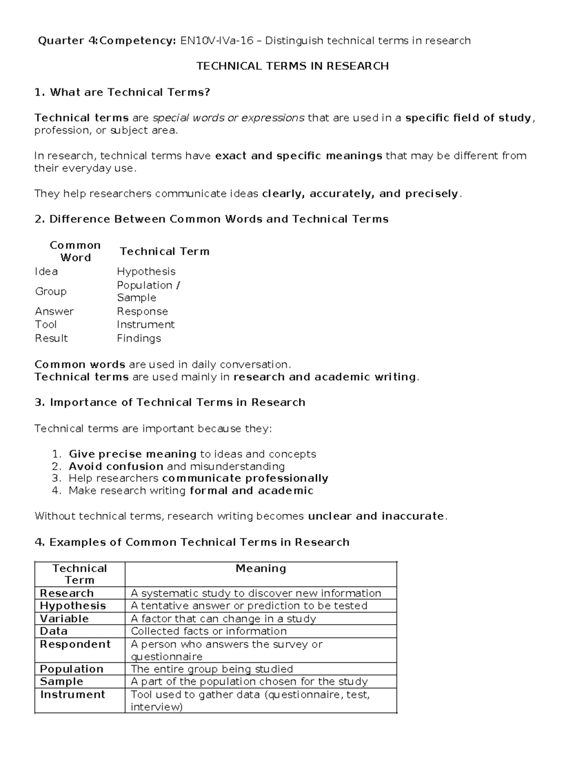 Quarter 4: Technical Terms in Research for Grade 10 Students - Studocu