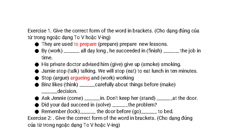 Bài tập To V và Ving - Exercise 1 & 2 - Studocu