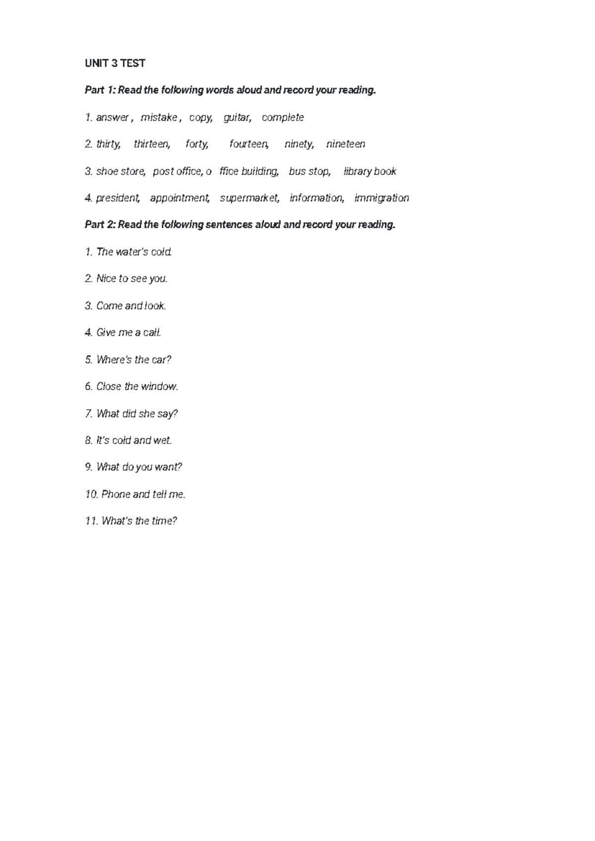 UNIT 3 TEST: Reading Aloud Practice and Assessment - Studocu