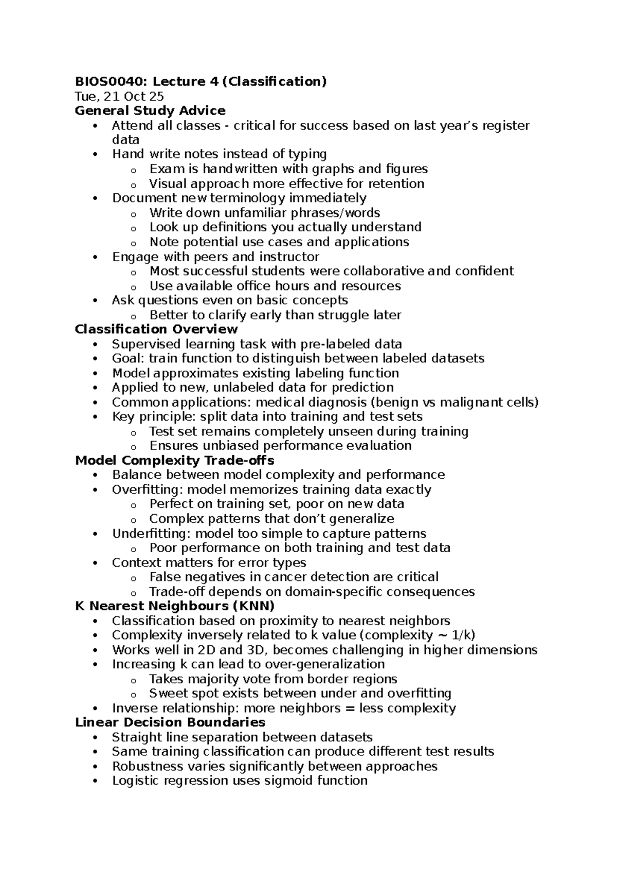 BIOS0040: Lecture 4 Notes on Classification Techniques - Studocu