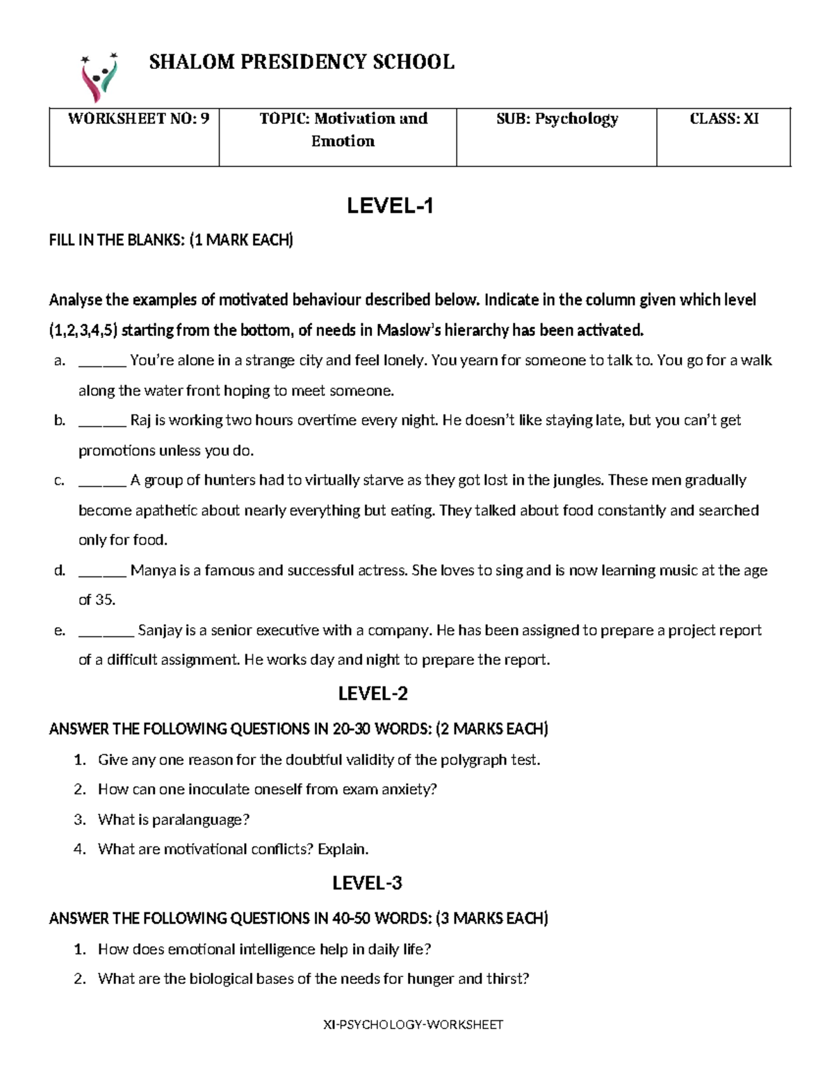 Worksheet No. 9: Motivation and Emotion - Psychology XI - Studocu