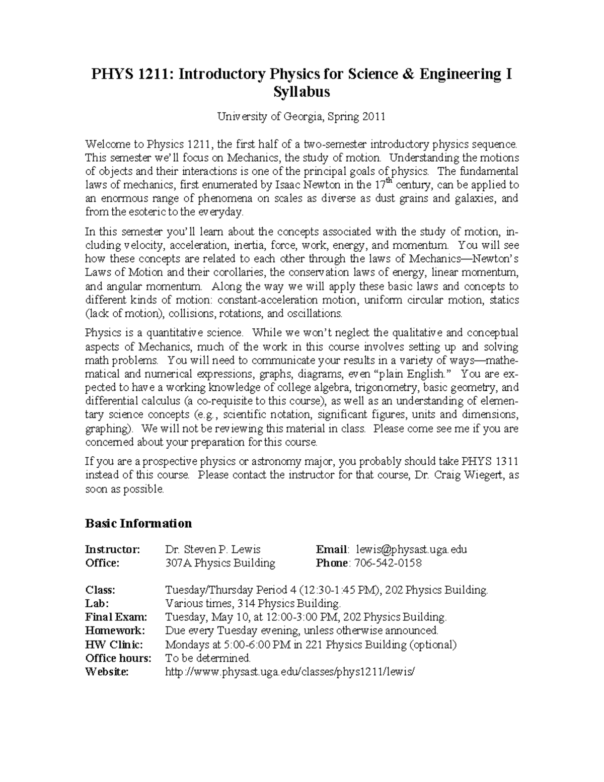 PHYS 1211 Syllabus: Introductory Physics for Science & Engineering I - Studocu