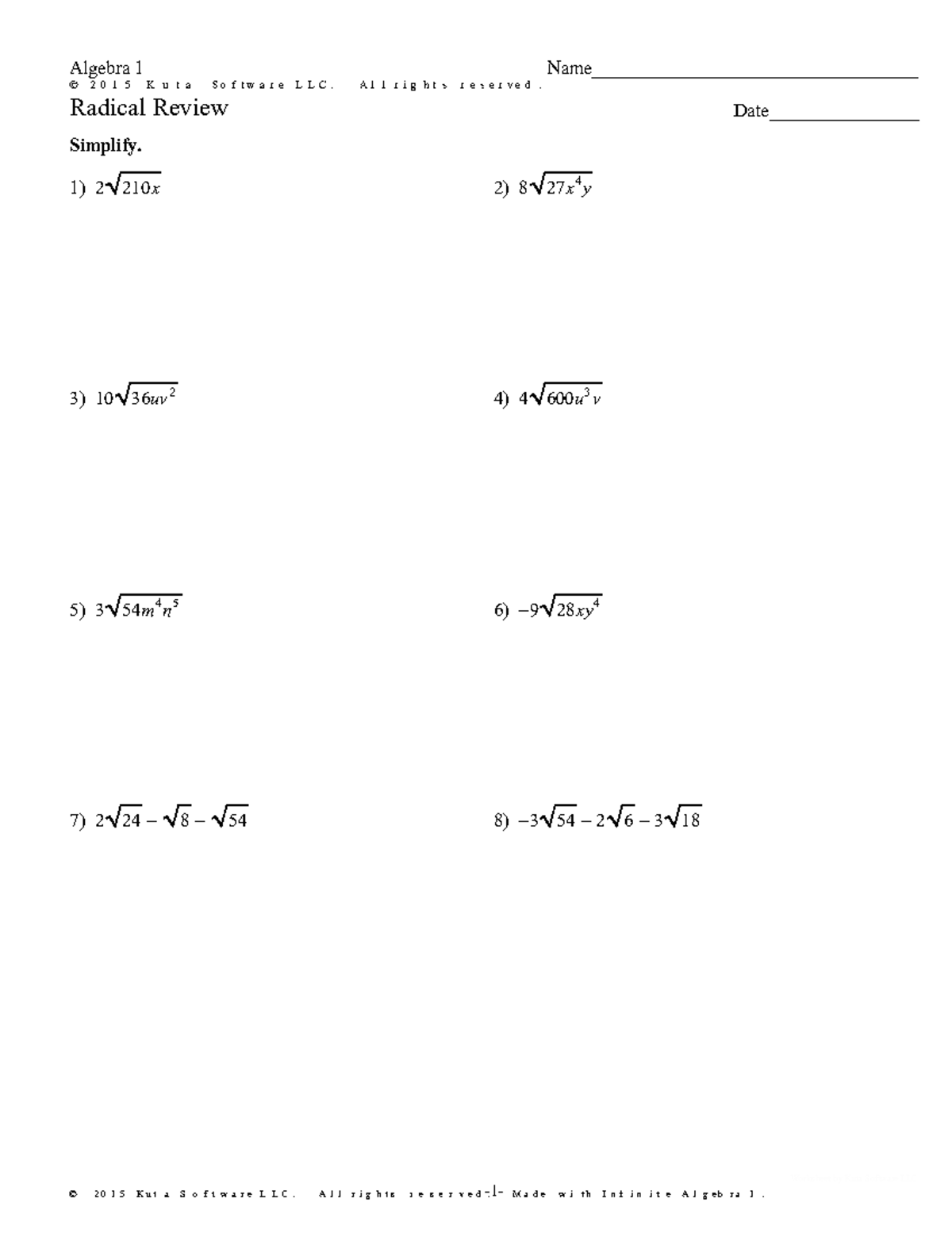 Algebra 1 Radical Review Worksheet - Simplification Exercises - Studocu