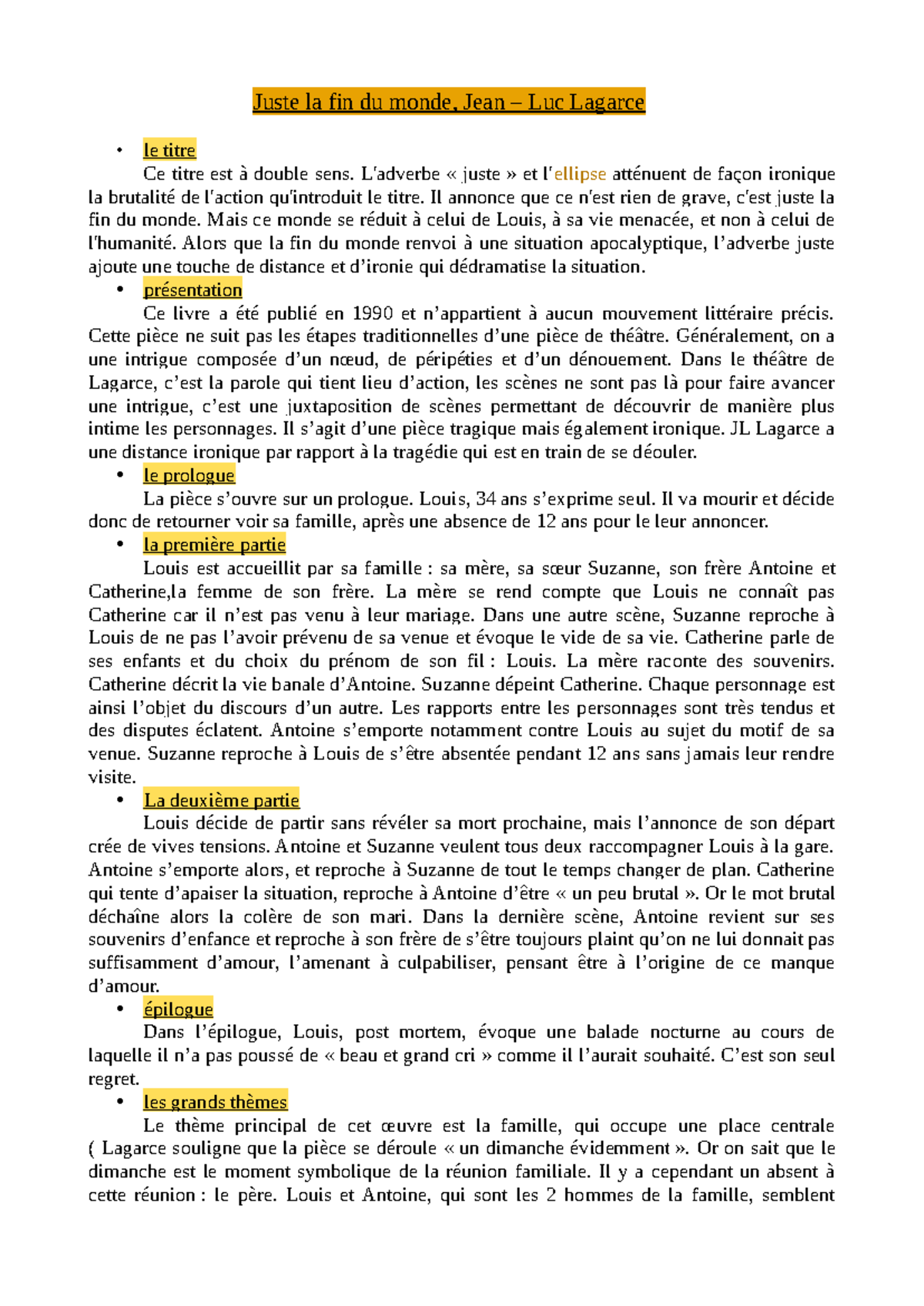 Analyse de "Juste la fin du monde" - Jean-Luc Lagarce - Studocu