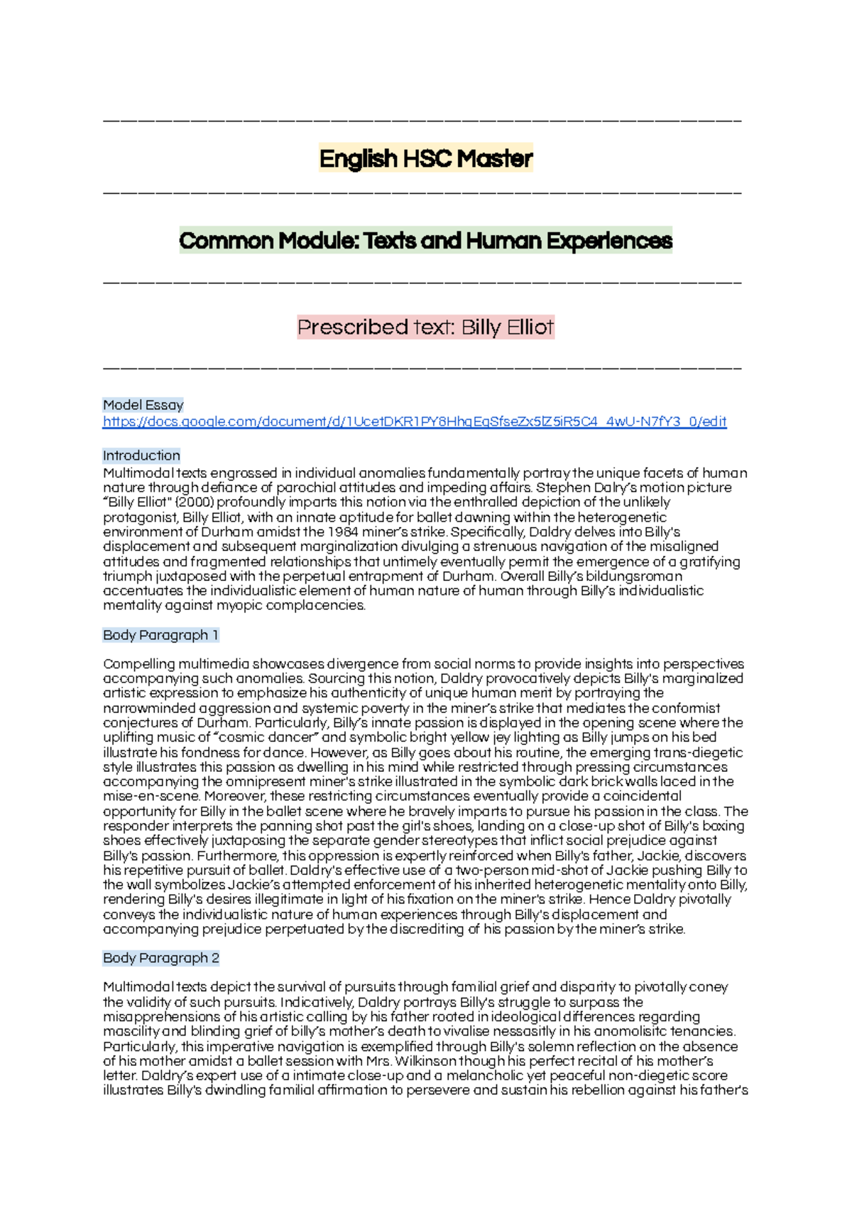 English HSC Model Essay: Exploring Human Experience in *Billy Elliot ...