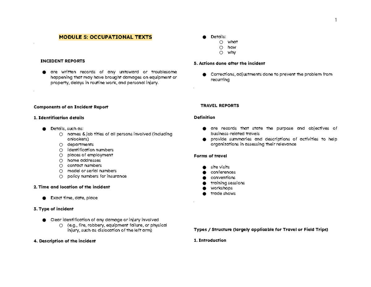 PC 1: MODULE 5 - Occupational Texts & Incident Reports Overview - Studocu