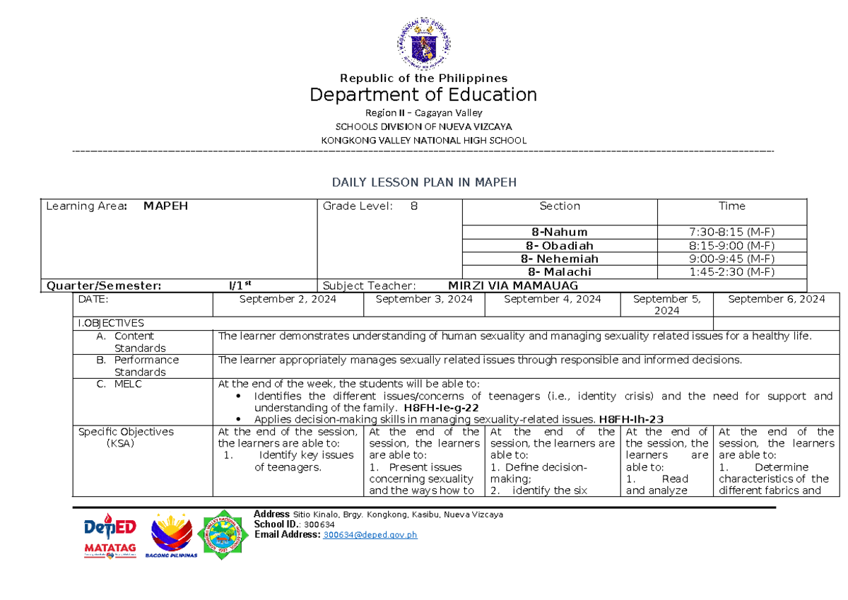 Daily Lesson Plan in MAPEH for Grade 8 - Week 6 (ADM HEALTH 8) - Studocu