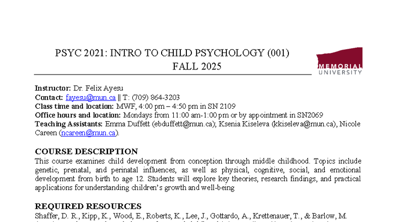 PSYC 2021: Intro to Child Psychology Syllabus - Fall 2025 - Studocu