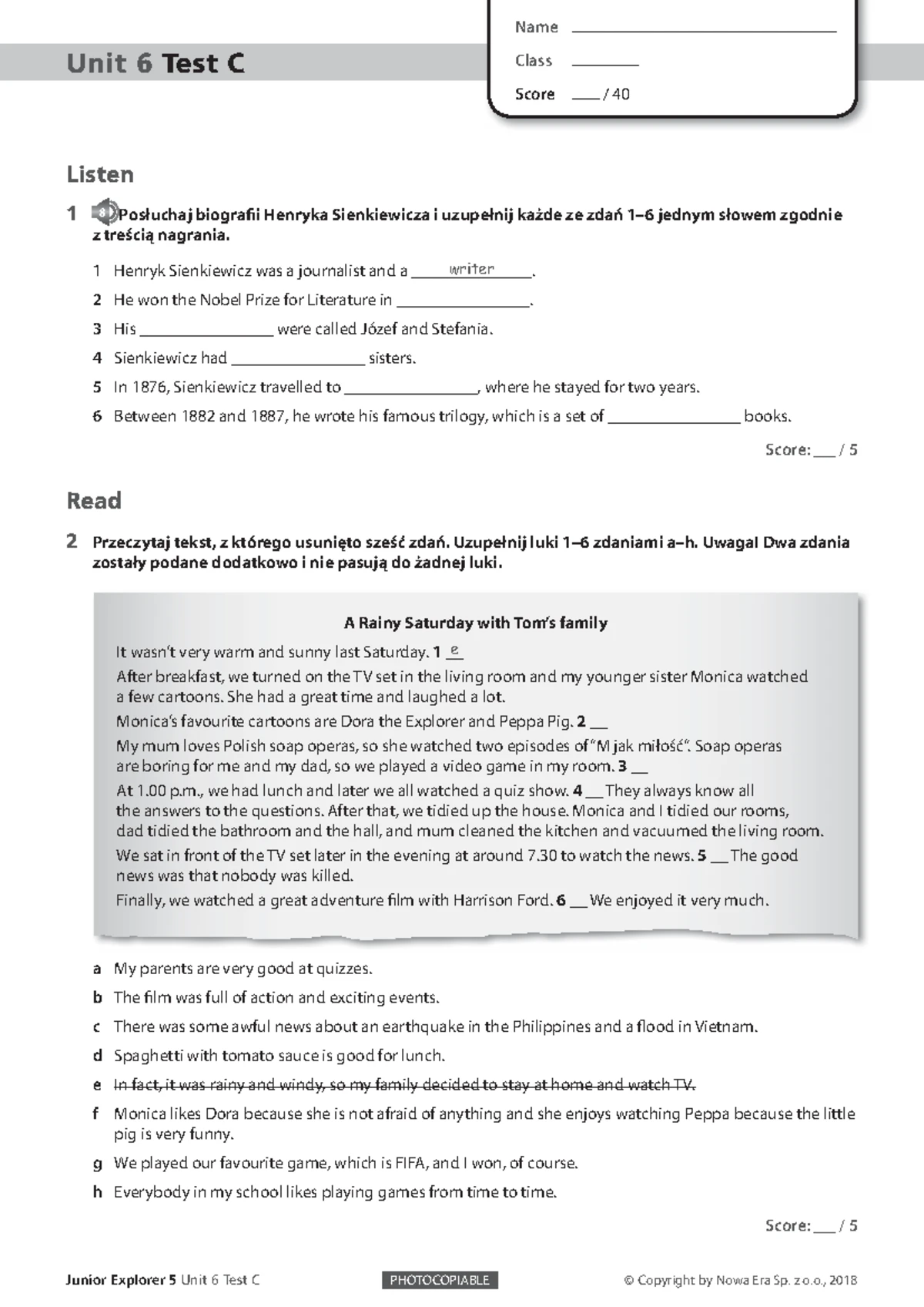 Junior Explorer 5 Unit 7 Test B: Listening, Reading & Grammar - Studocu