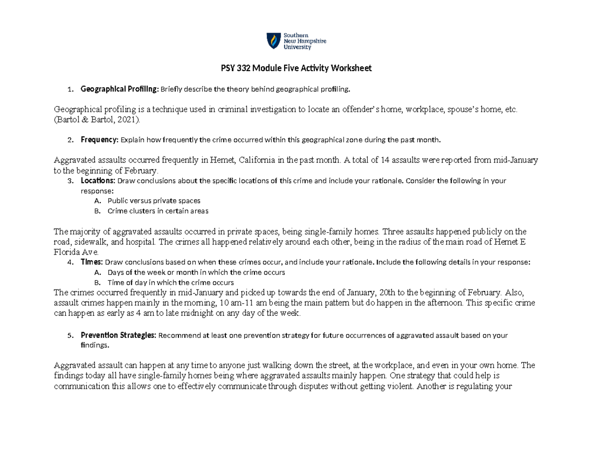 PSY 332 Module 5 Geographical Profiling Activity Worksheet - Studocu