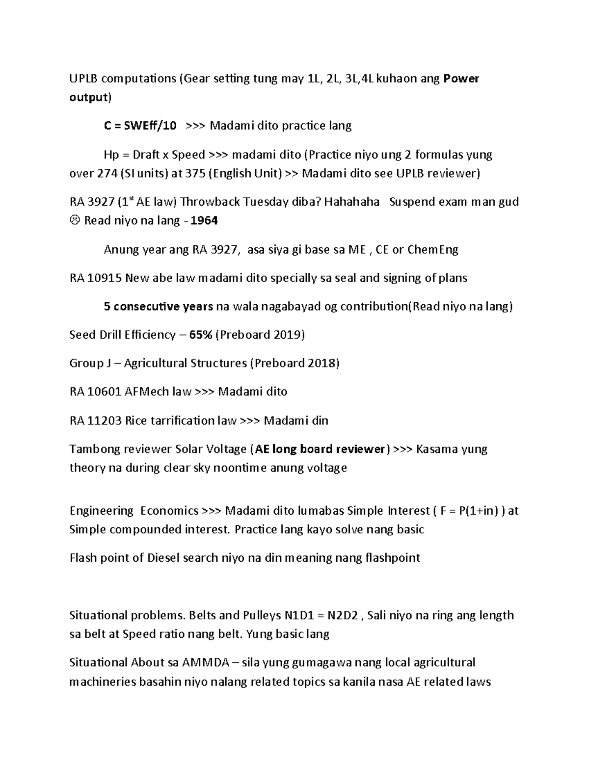 UPLB 1st Year AE Review Notes on Laws & Engineering Concepts - Studocu