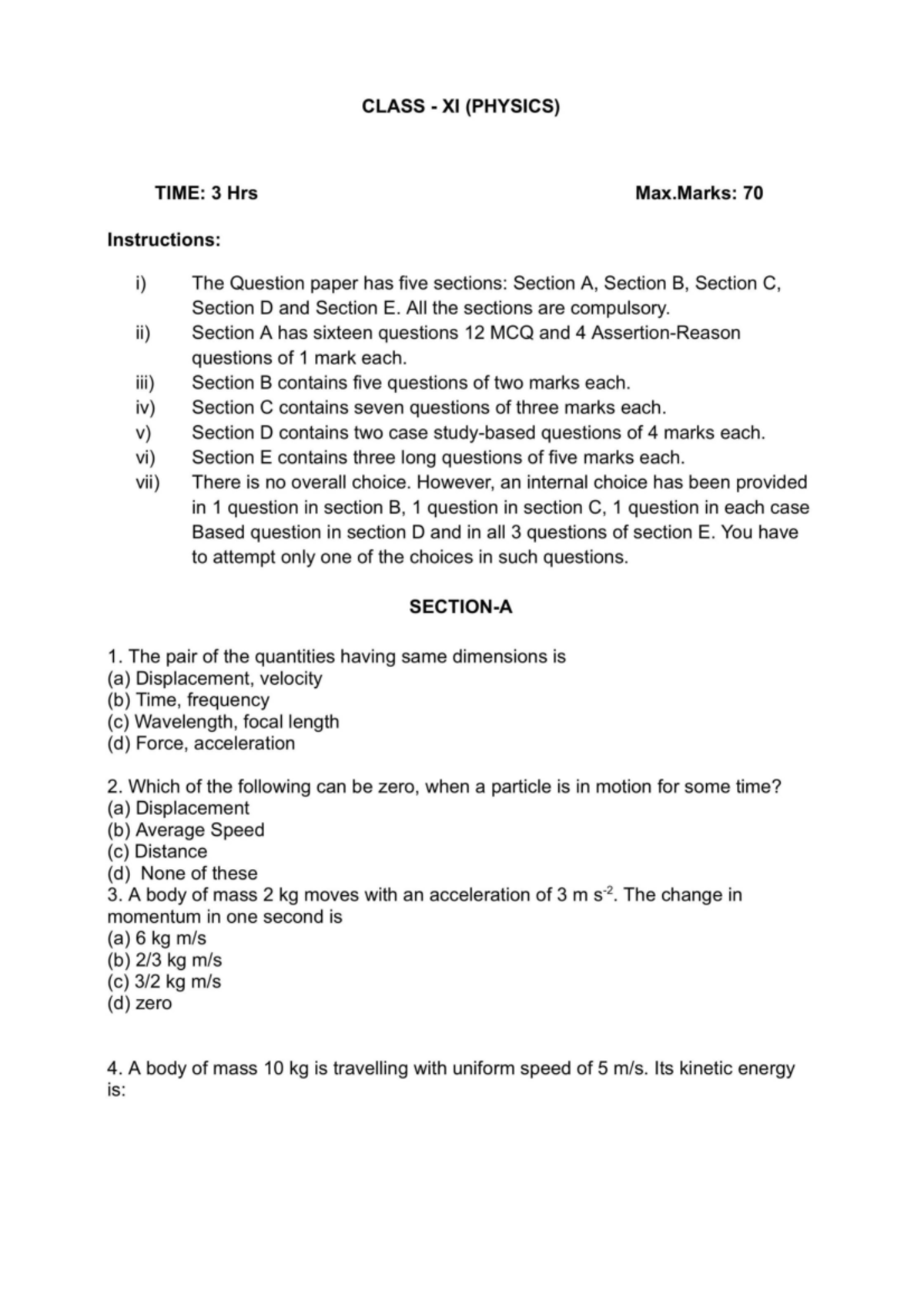 Class XI Physics EXAM QP 2023-24 - CLASS XI (PHYSICS) TIME: 3 Hrs Max: 70 Instructions: i) The ...