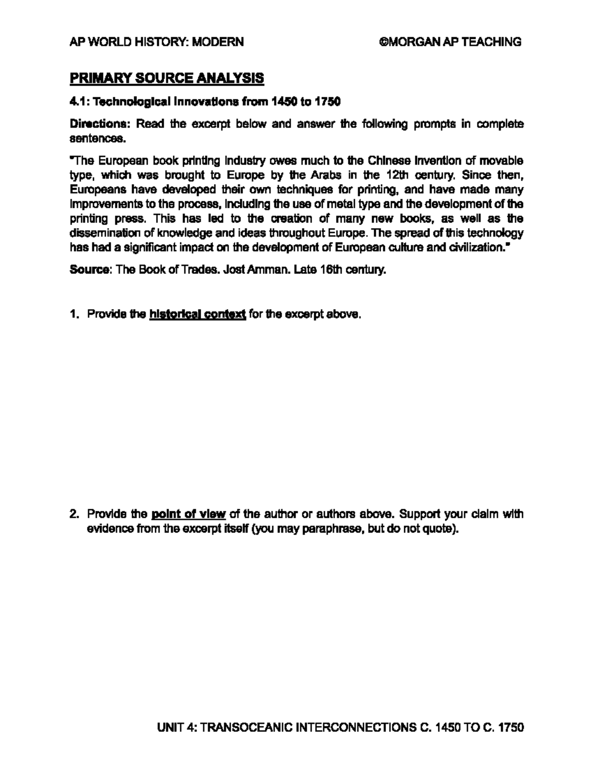 AP WORLD HISTORY: MODERN PRIMARY SOURCE ANALYSIS 4 - Technological ...