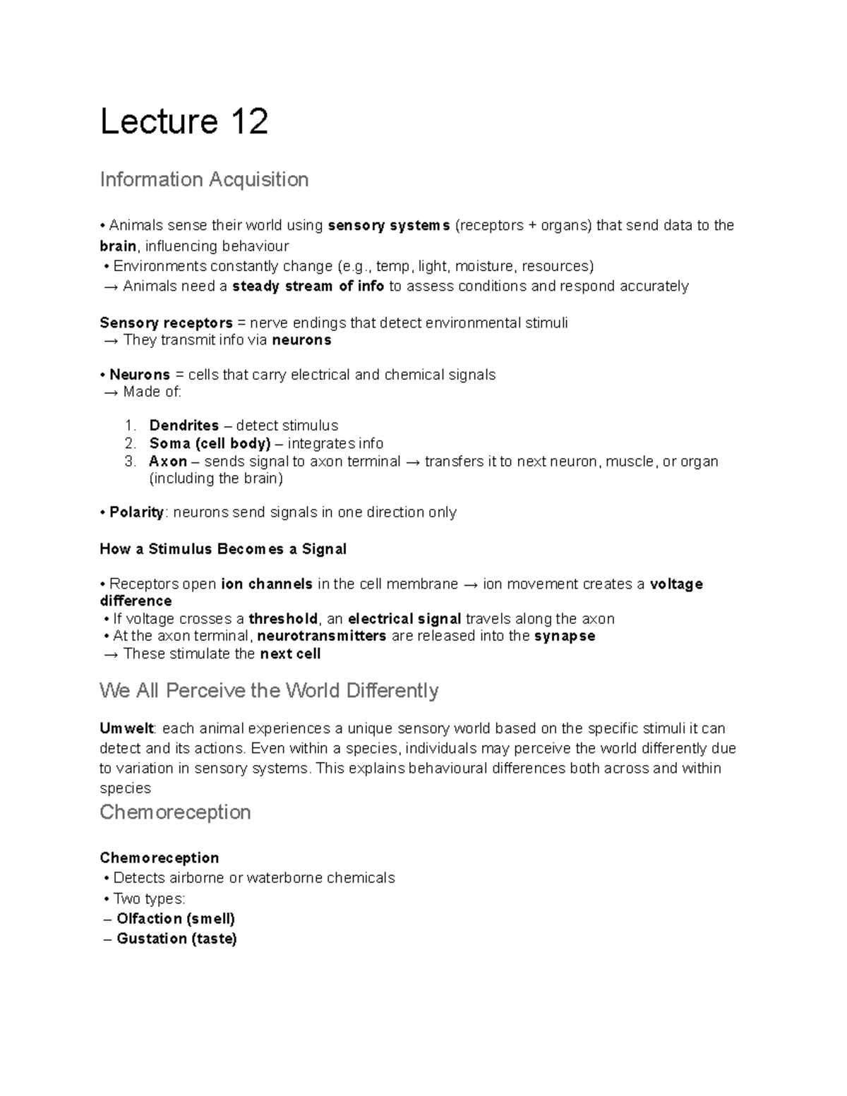 Lecture 12: Sensory Systems in Animals and Information Acquisition ...