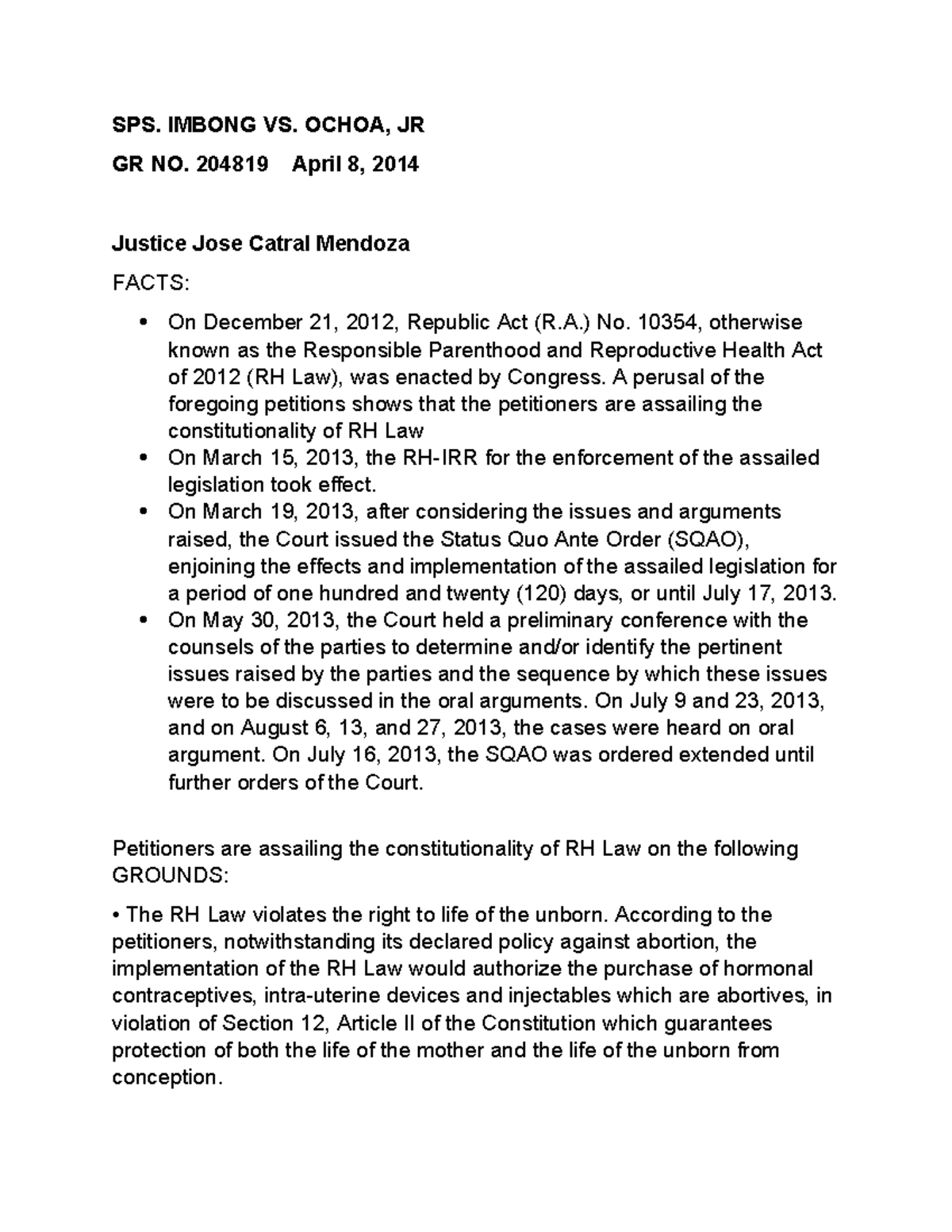 Gr204819 Report - case digest - SPS. IMBONG VS. OCHOA, JR GR NO. 204819 ...
