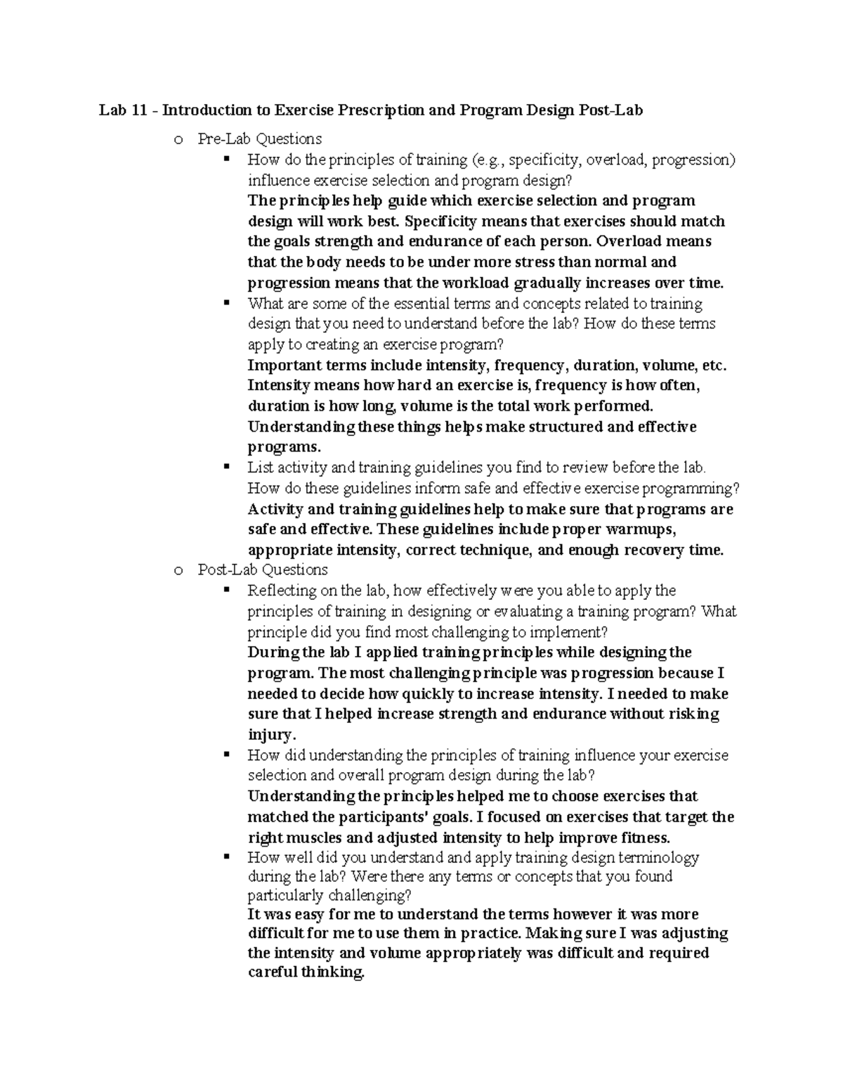 Lab 11: Exercise Prescription & Program Design Qs and Insights - Studocu