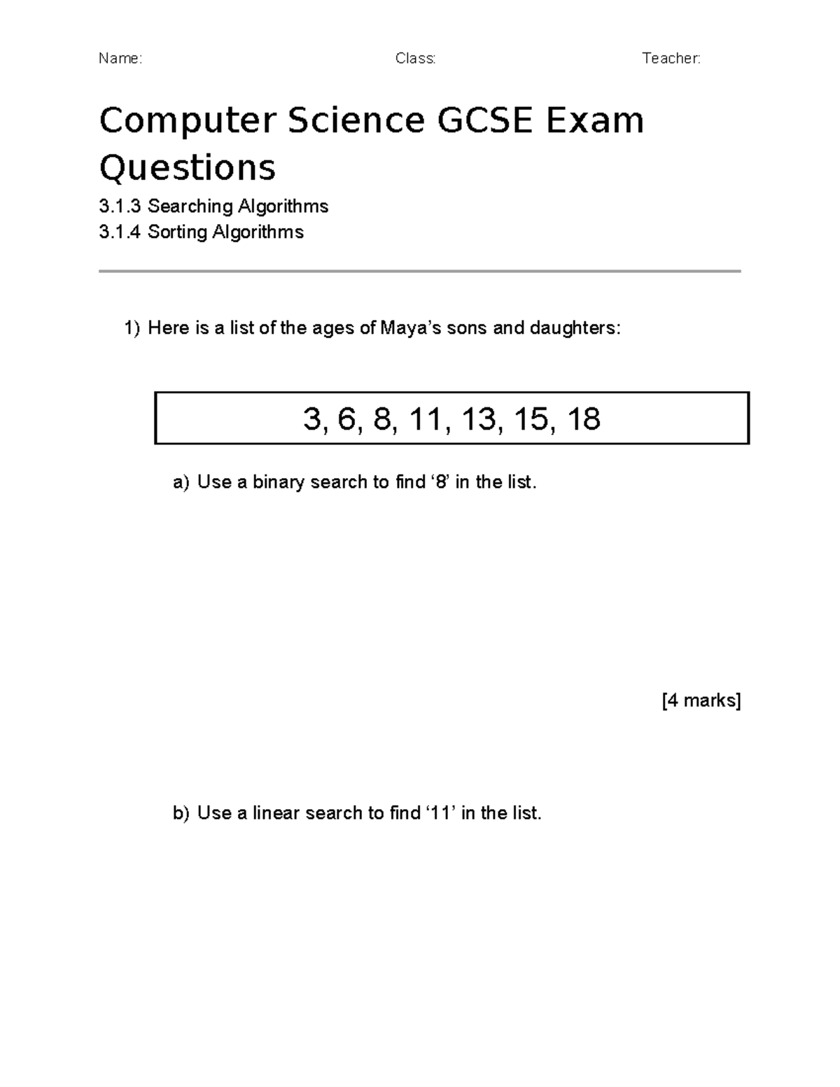 GCSE Computer Science Exam: Searching & Sorting Algorithms Workbook - Studocu