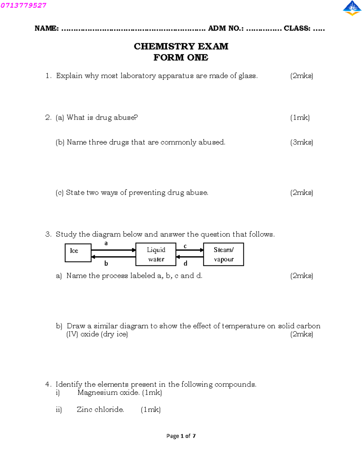 CHEM F1 QS - Form One Chemistry Exam Questions and Answers - Studocu