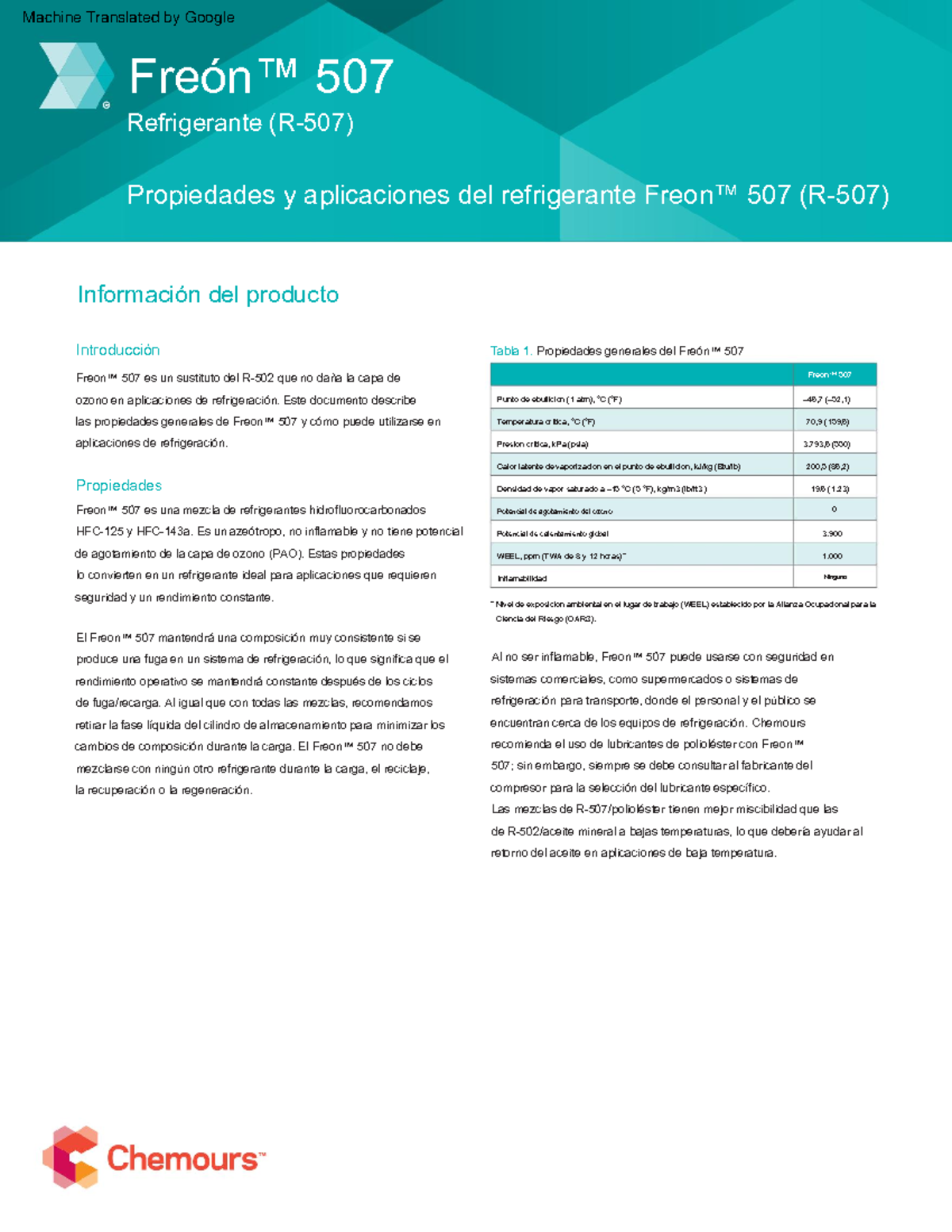 Ficha Técnica del Refrigerante R507: Propiedades y Aplicaciones - Studocu