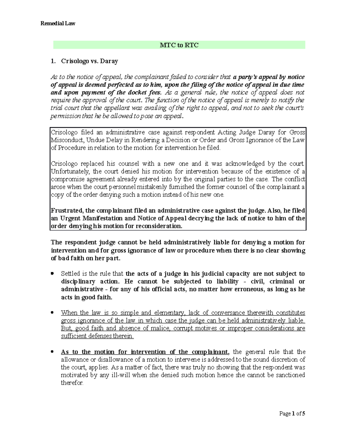 MTC to RTC Case Digest: Appeals and Judicial Capacity Insights - Studocu