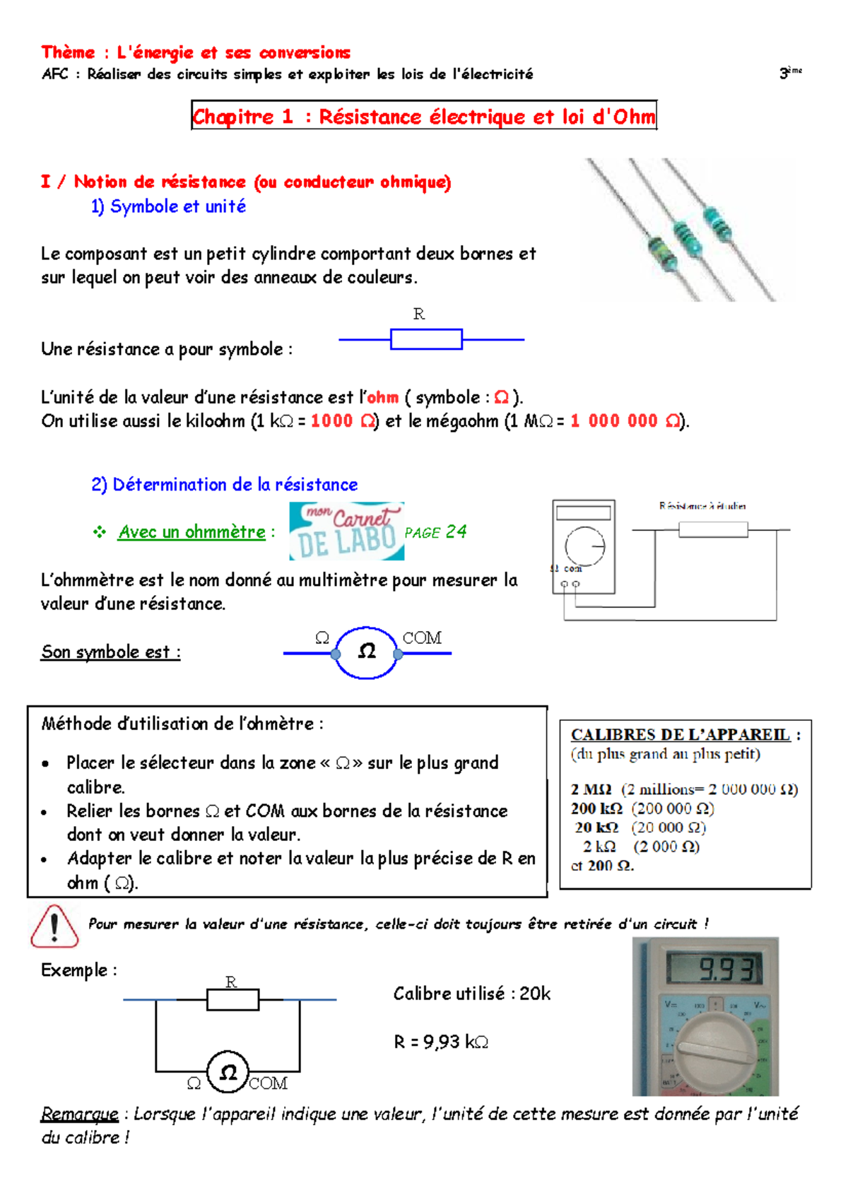 Chapitre 1 : Résistance Électrique et Loi d'Ohm - AFC 2020 - Studocu