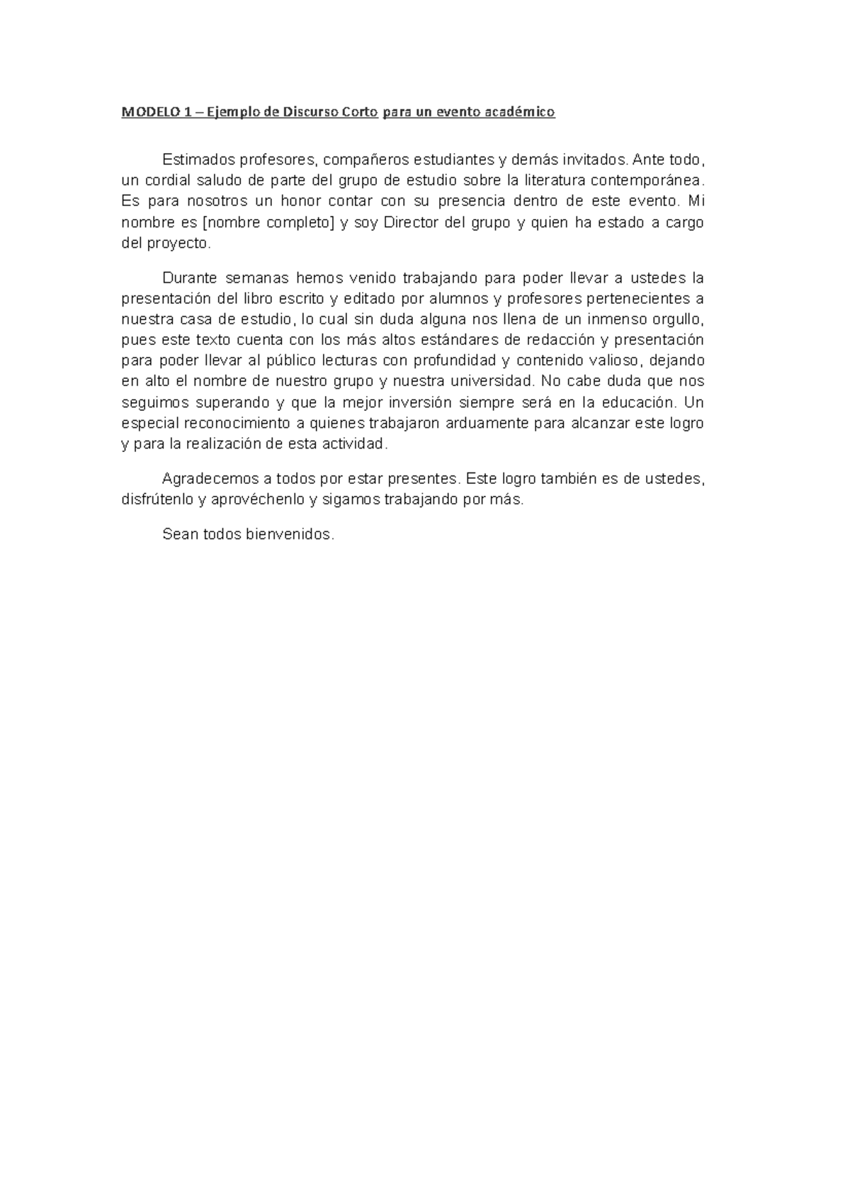 Ejemplos de Discursos Cortos para Eventos Académicos y Laborales - Studocu