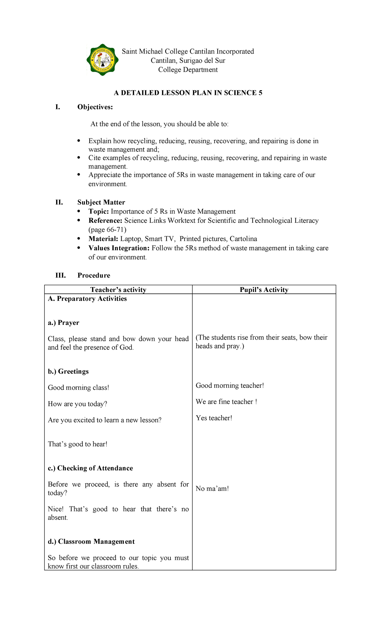 Detailed Lesson Plan on 5Rs in Waste Management (SCI 5) - Studocu