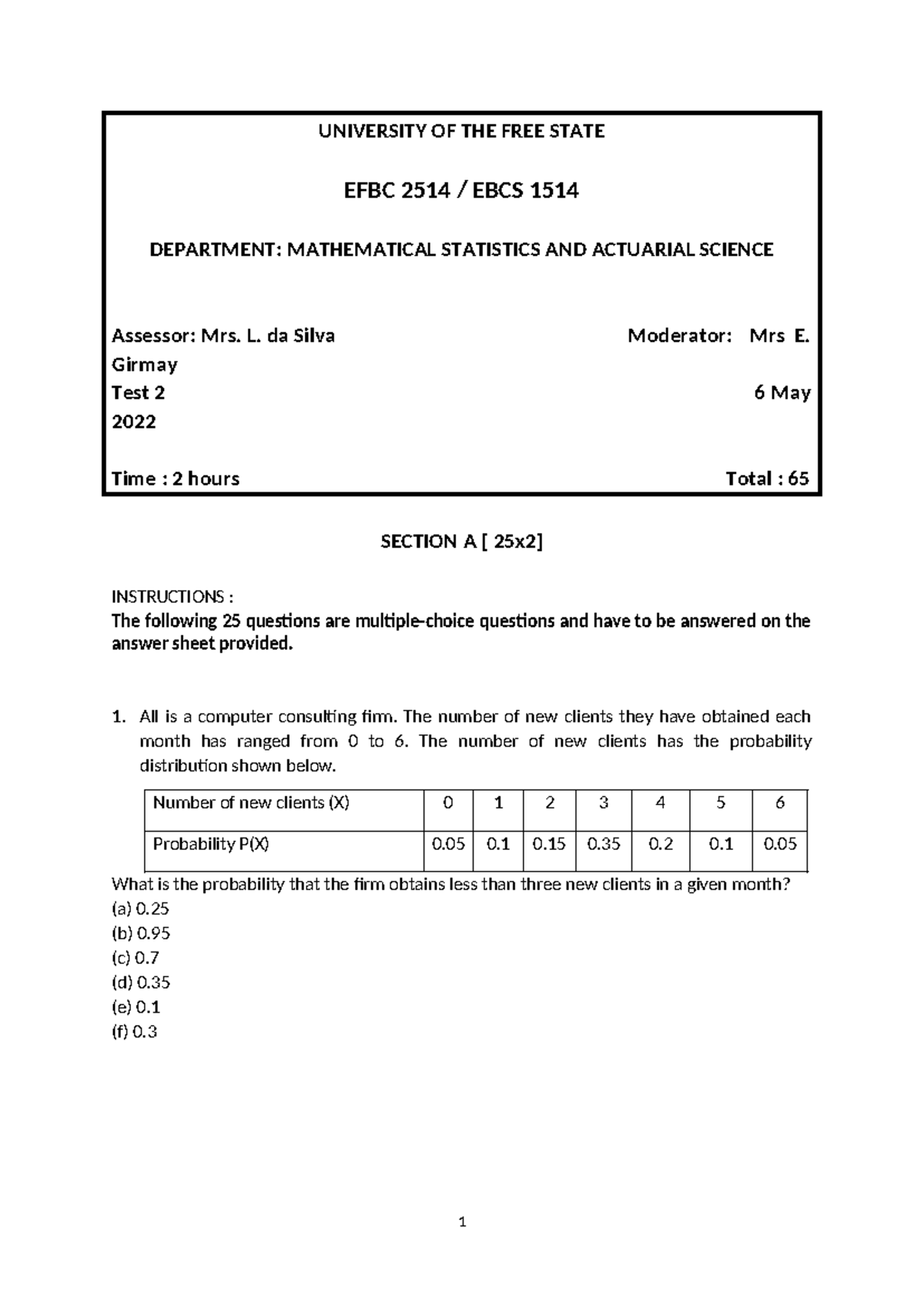 Test 2 2022 - EFBC 2514 EBCS 1514 Mathematical Statistics Exam - Studocu