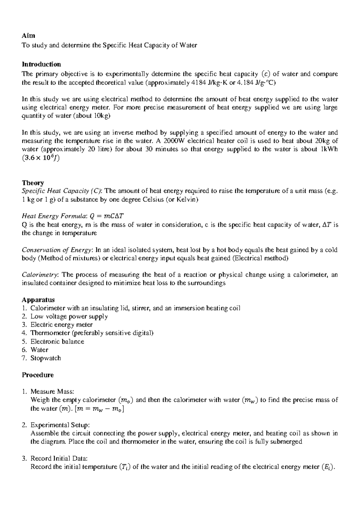 Class 11 Project: Determining Specific Heat Capacity of Water - Studocu