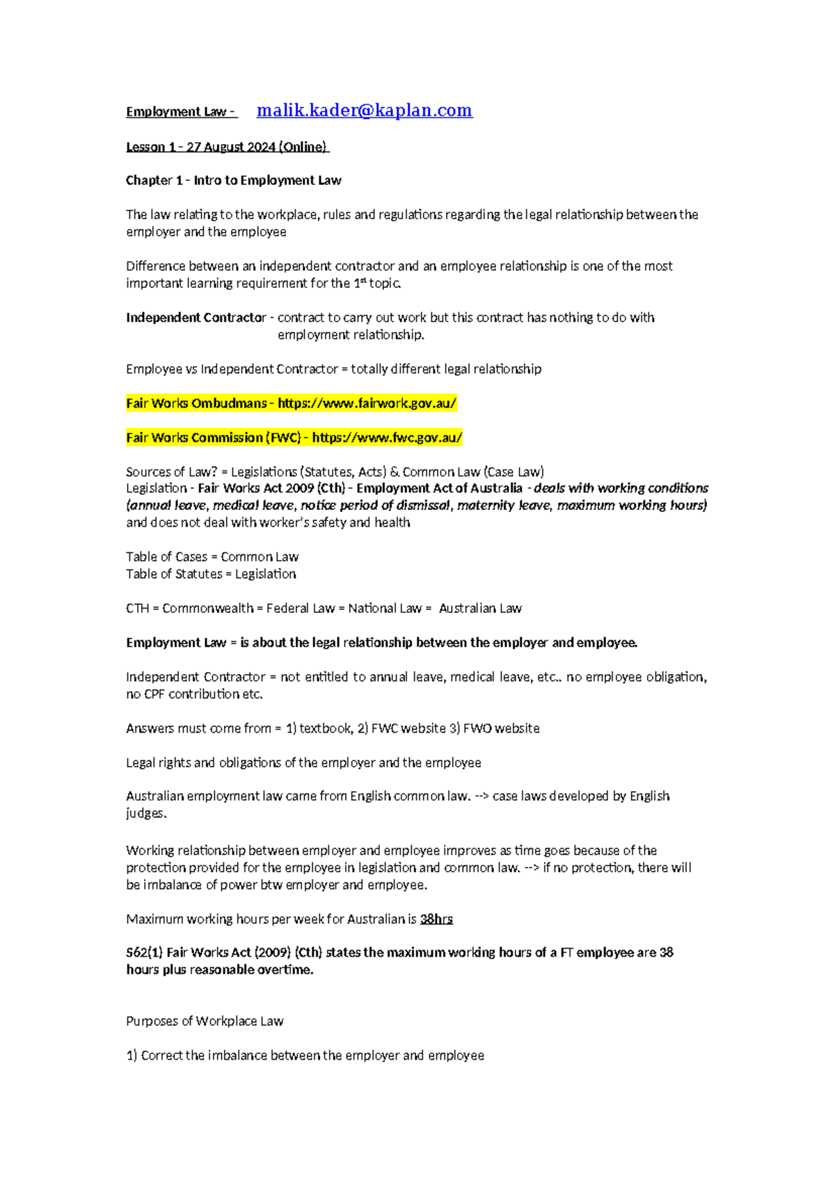 Employment Law Lesson 1: Intro to Employment Law (Course Code) - Studocu