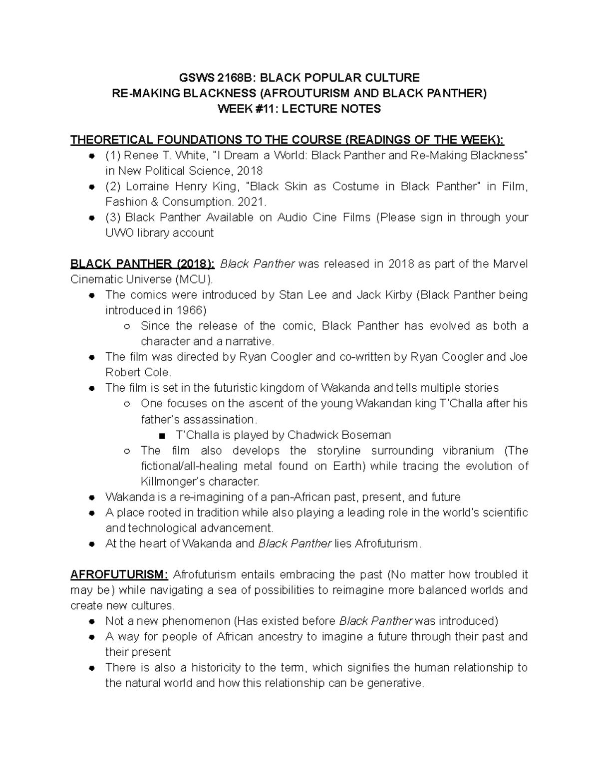 GSWS 2168B: Afrofuturism and Black Panther Week 11 Lecture Notes - Studocu
