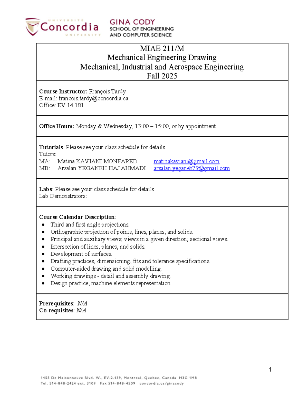 MIAE 211 2025F M - Mechanical Engineering Drawing Course Outline - Studocu