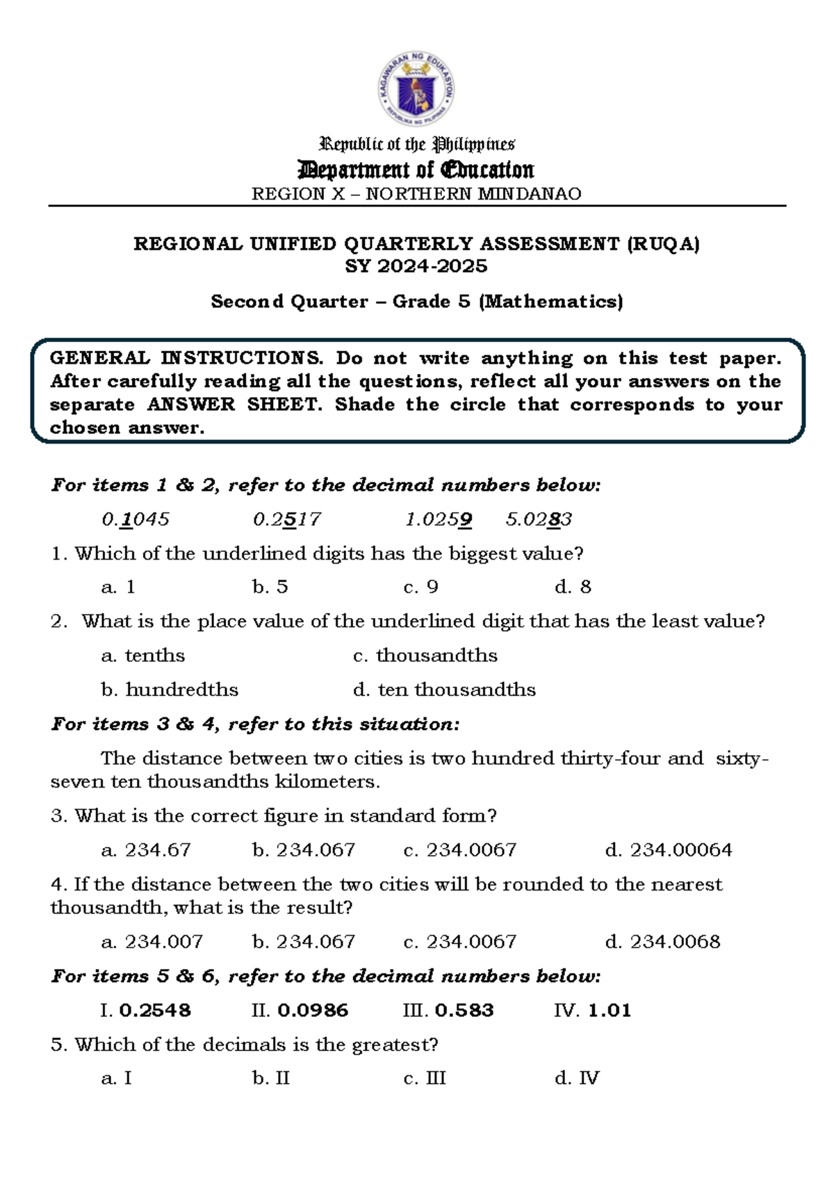 MATH 5 Q2 RUQA Final - Exam - Republic of the Philippines Department of ...