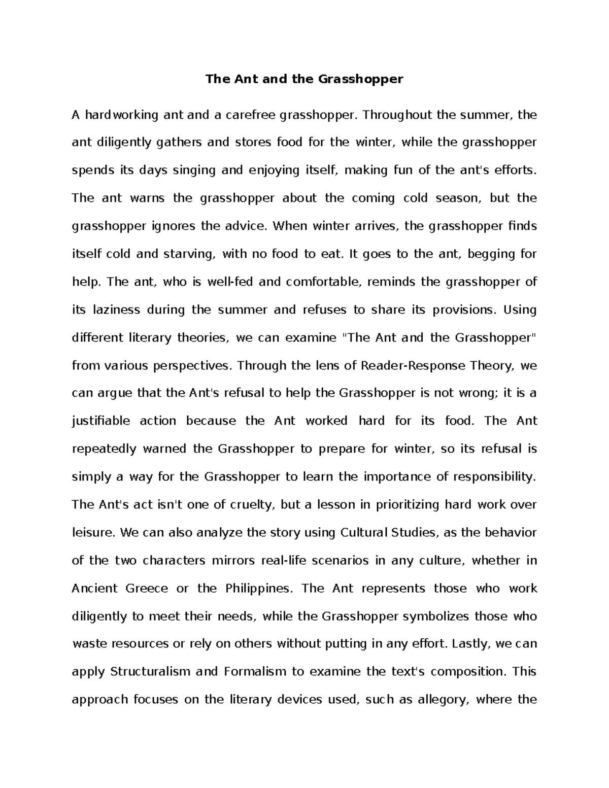ENG 101: The Ant and the Grasshopper - Literary Theory Analysis - Studocu