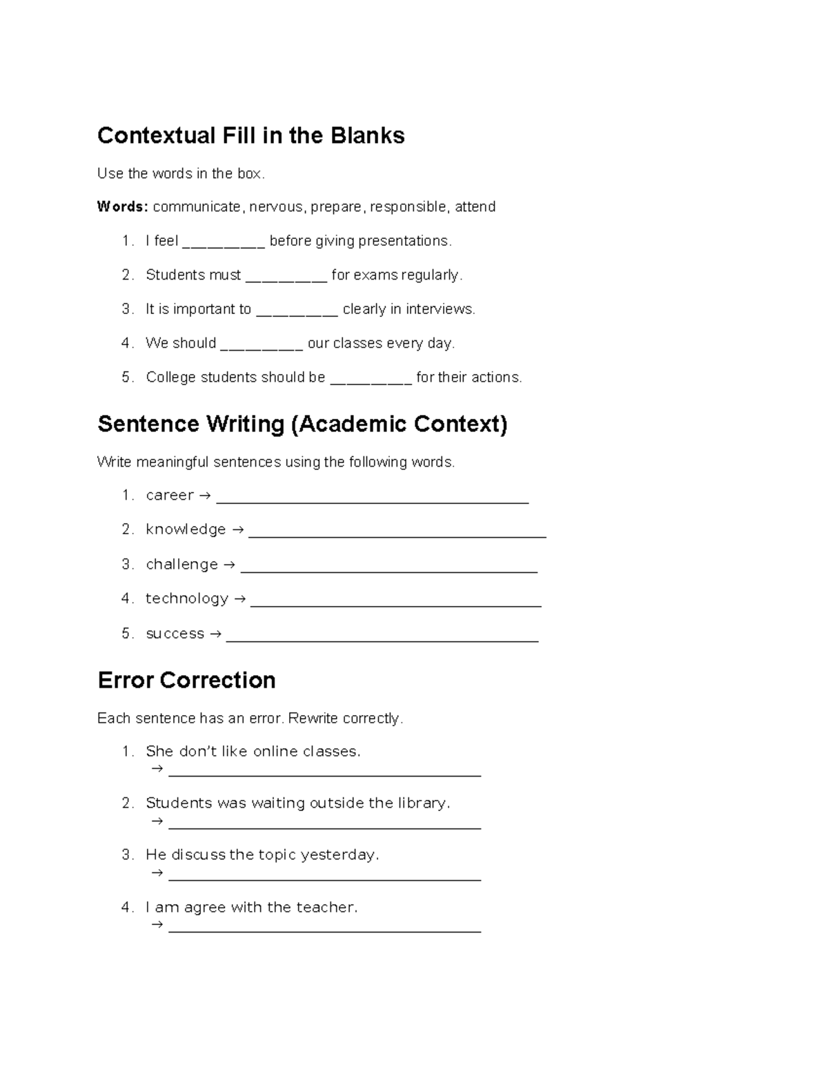 Worksheet on Sentence Construction (ENG 101) - Studocu