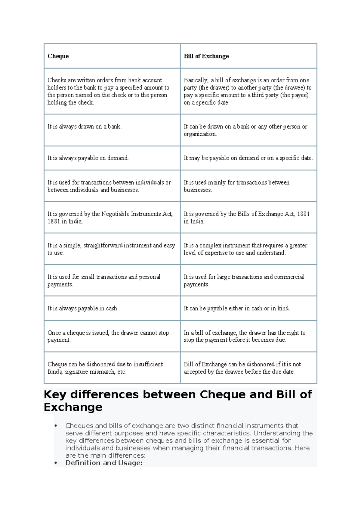 Cheque vs. Bill of Exchange: Key Differences & Similarities - Studocu