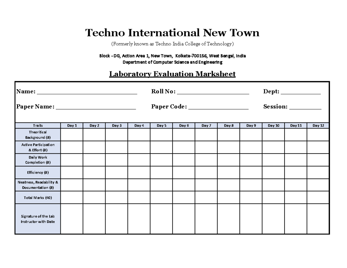 Lab Evaluation Rubrics - Traits Day 1 Day 2 Day 3 Day 4 Day 5 Day 6 Day ...