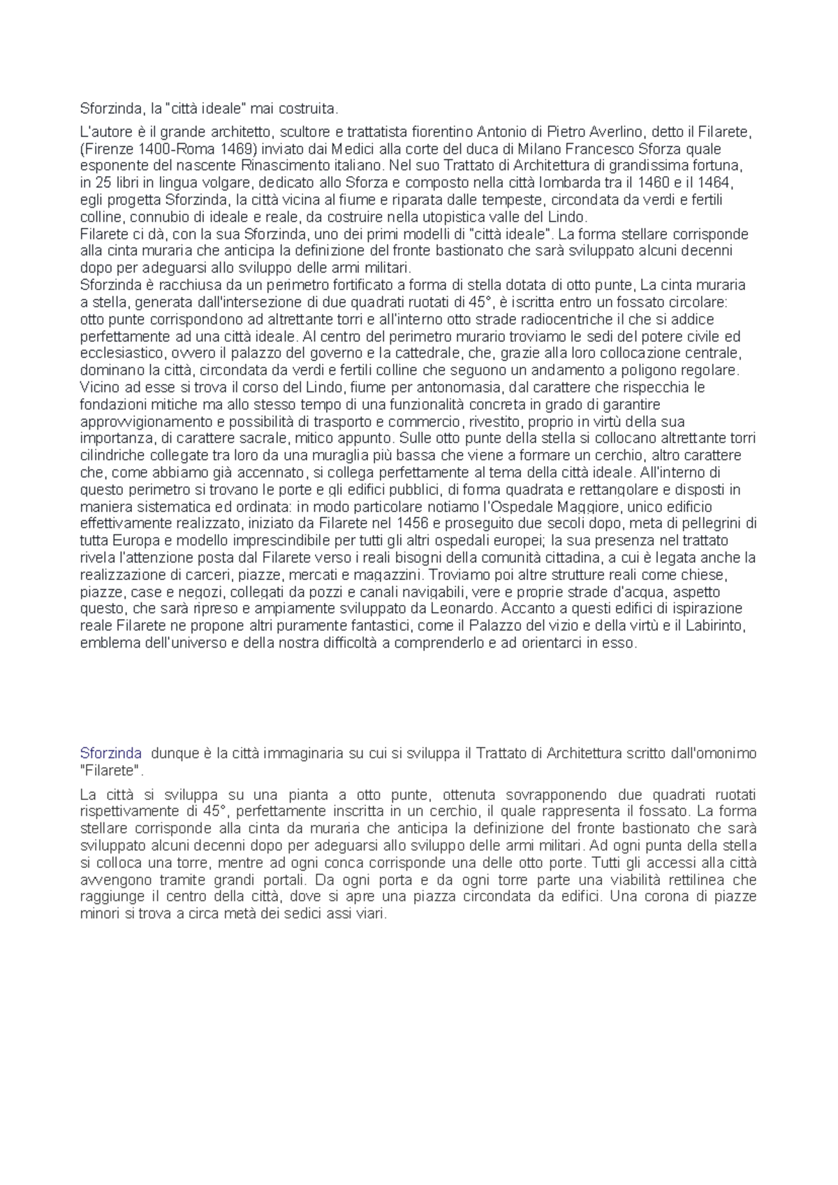 Sforzinda: Progetto di Architettura di Filarete (Lavoro) - Studocu