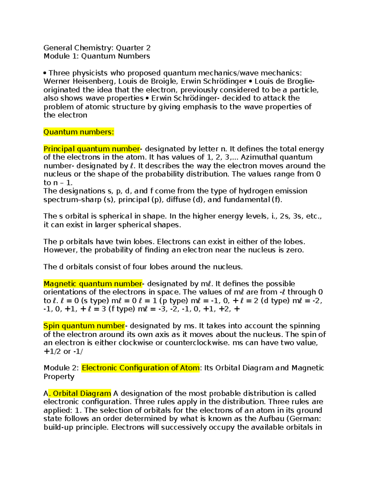 General Chemistry: Q2 Module 1-3 Review on Quantum Numbers & Bonding ...