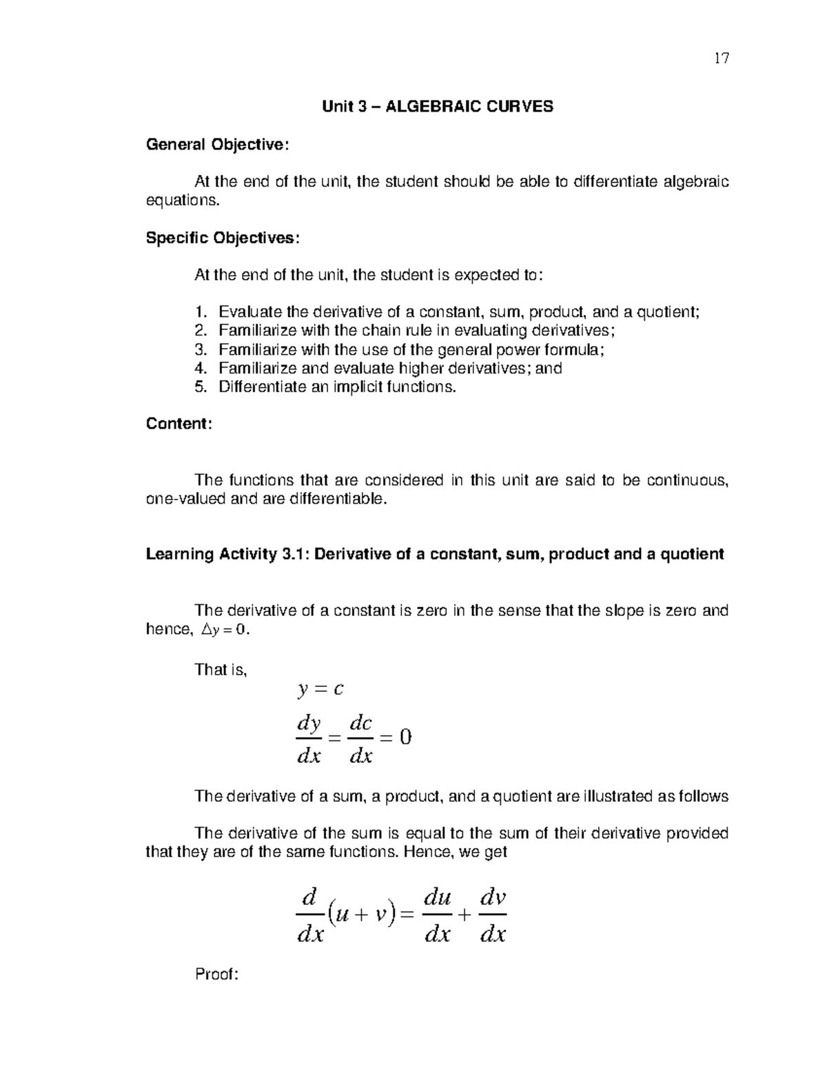 Unit 3 Algebraic Curves - Unit 3 – ALGEBRAIC CURVES General Objective ...