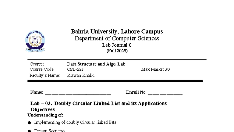 DSA Lab 7: Doubly Circular Linked List Implementation (CS-101) - Studocu