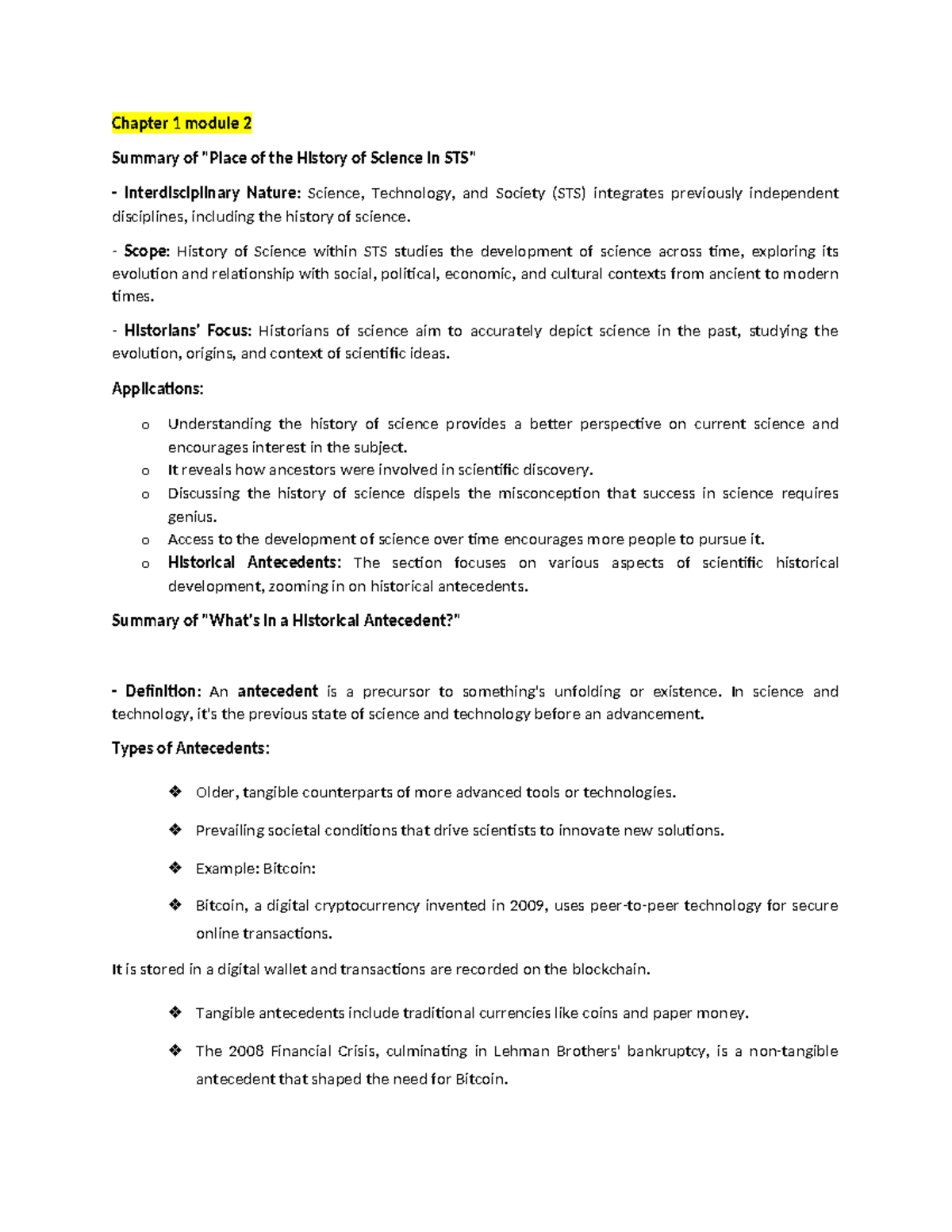 Chapter 1 Module 2: Summary of the History of Science in STS - Studocu